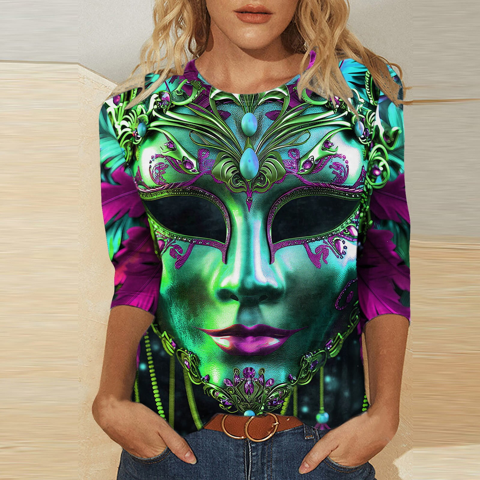 DDAPJ pyju Mask Graphic Tees for Women Mardi Gras 3/4 Sleeve Shirts ...