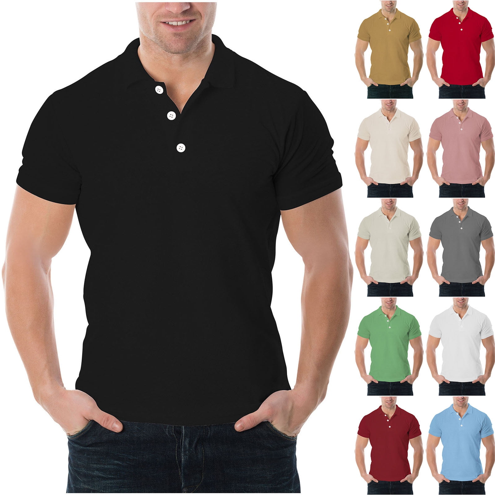 DDAPJ pyju Men Slim Fit Polos Shirt Solid Color Short Sleeve Collared T ...