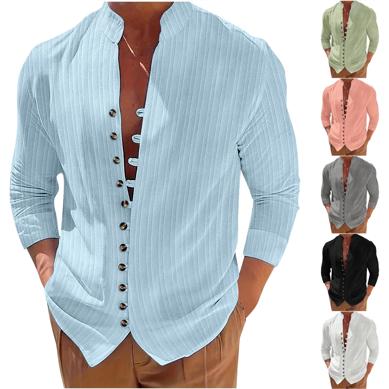 DDAPJ pyju Men's Band Collar Dress Shirt Solid Textured Shirts Solid ...