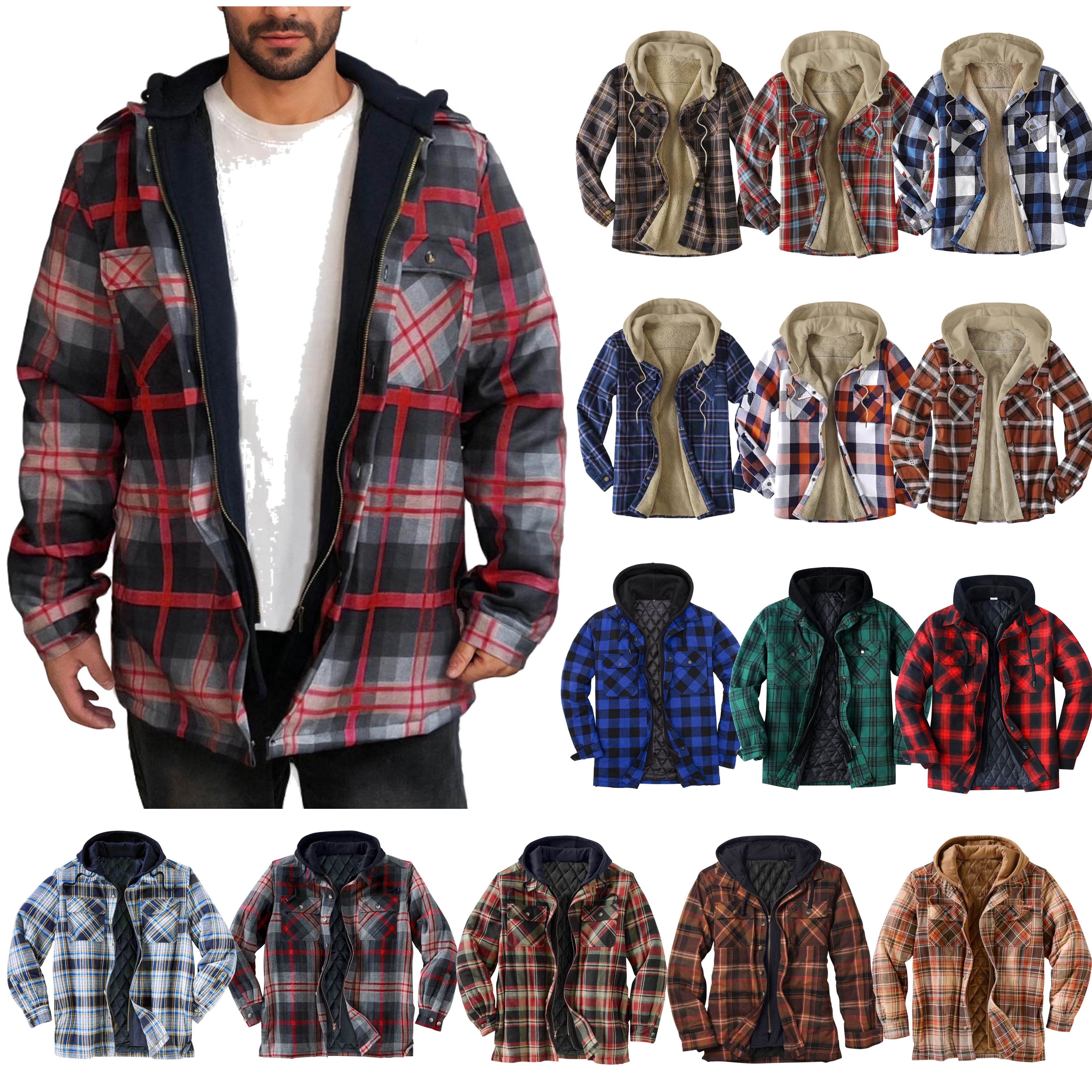 DDAPJ pyju Men's Hooded Shirt Jacket Winter Warm Quilted Lined Hoodie Jackets Long Sleeve Plaid ...