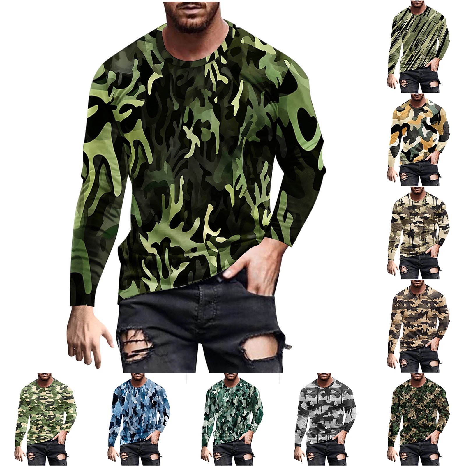DDAPJ pyju Men's Long Sleeve Camo T-Shirt Camouflage Crew Neck Tops ...