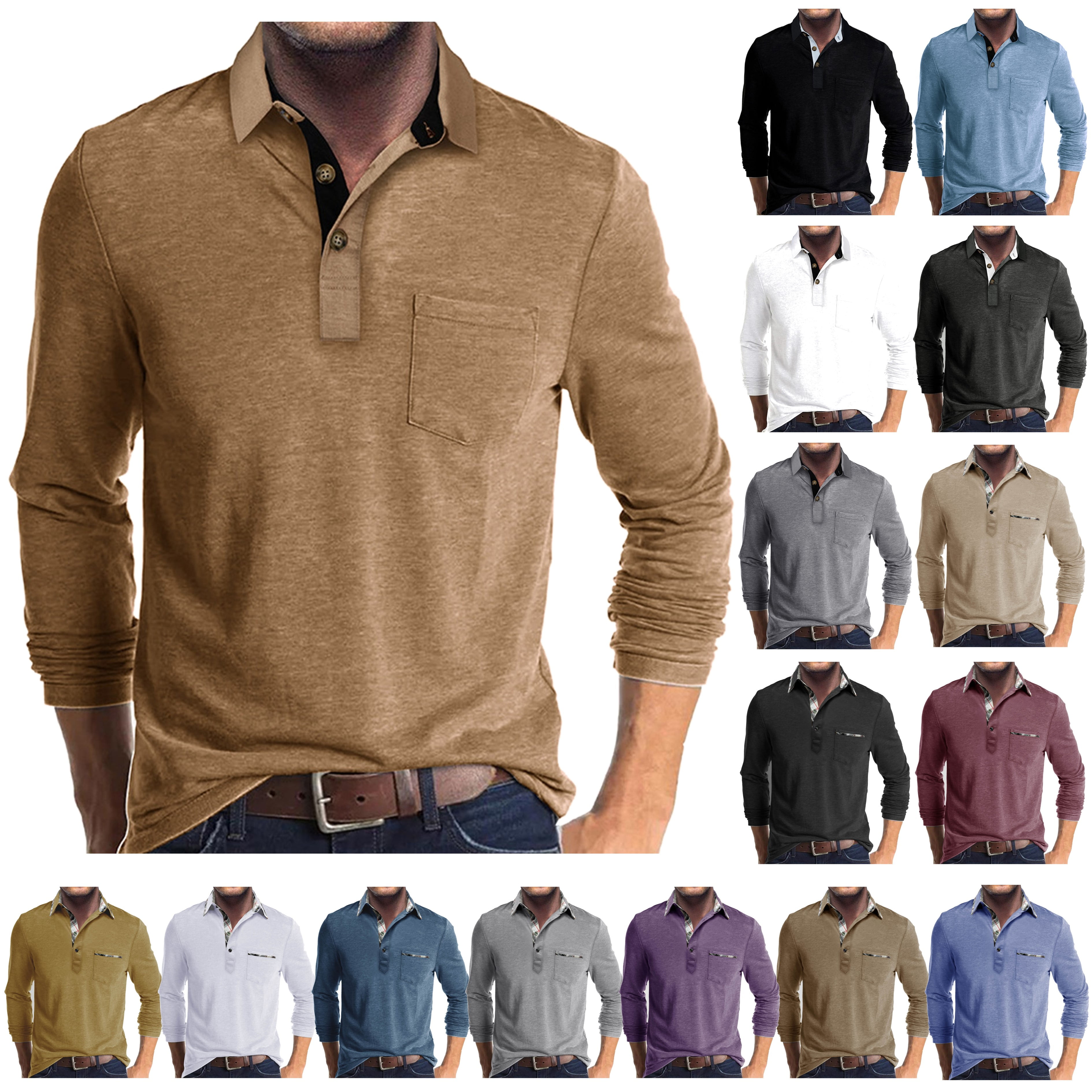 DDAPJ pyju Men's Long Sleeve Polos Shirt with Pocket,Lightweight Button ...