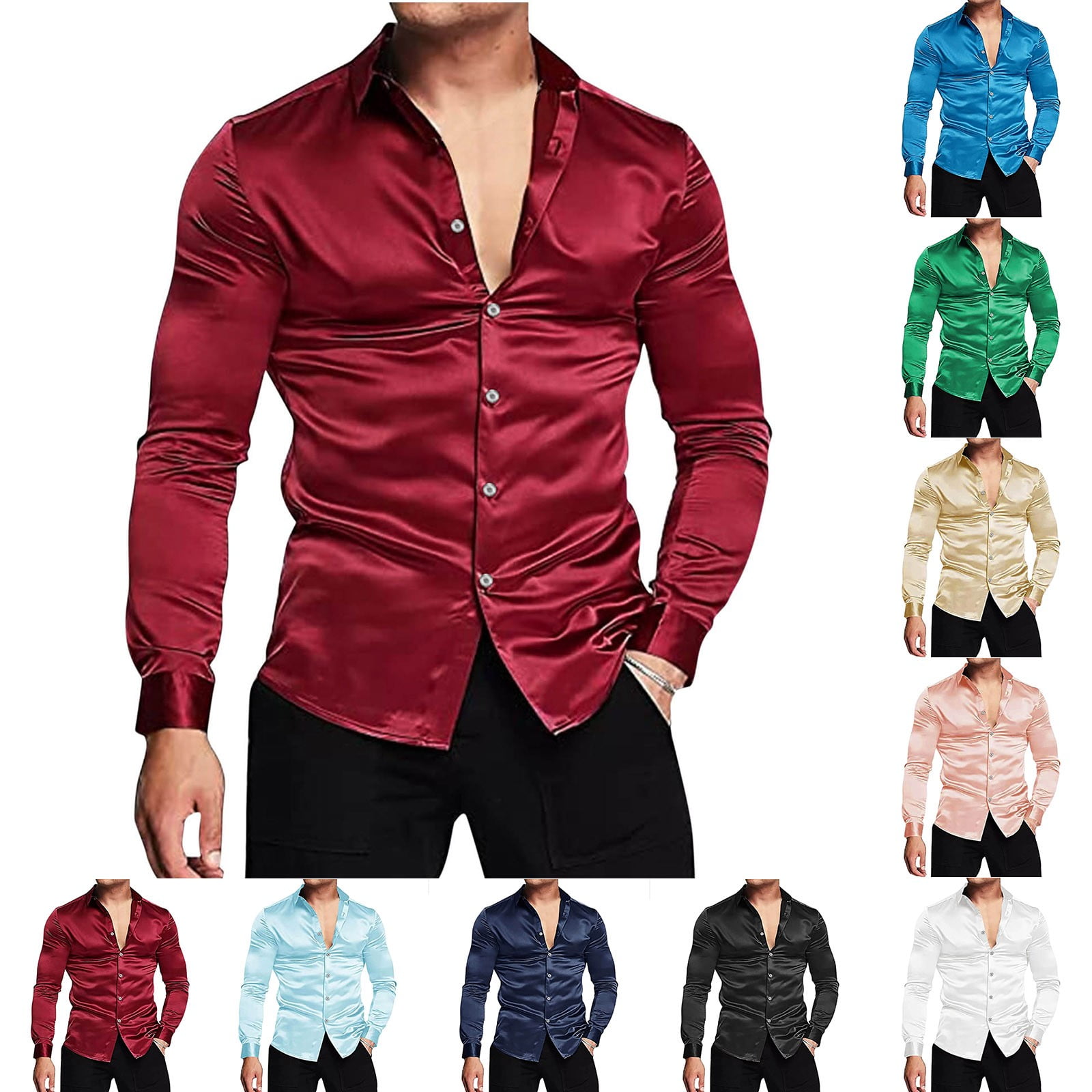 DDAPJ pyju Men's Luxury Shirts Shiny Silk Like Satin Dress Shirt Long ...