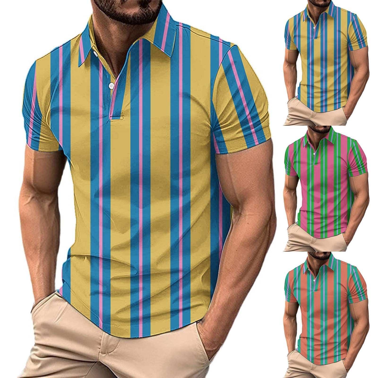 DDAPJ pyju Men's Polos Shirts 2025 Trendy Casual Golf Shirt Color Block Print Short Sleeve ...