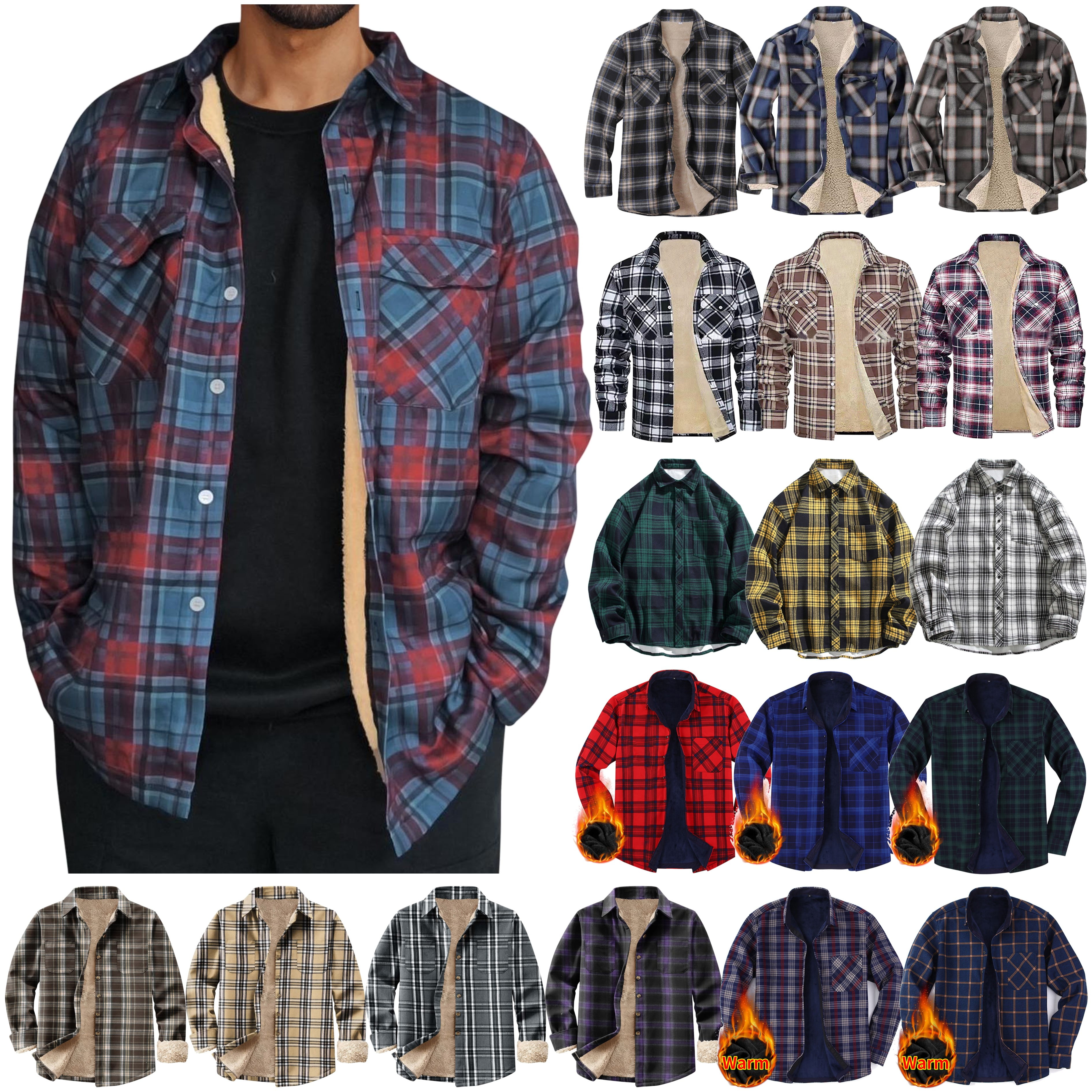 DDAPJ pyju Men's Sherpa Lined Flannel Shirt Jacket Long Sleeve Brushed ...