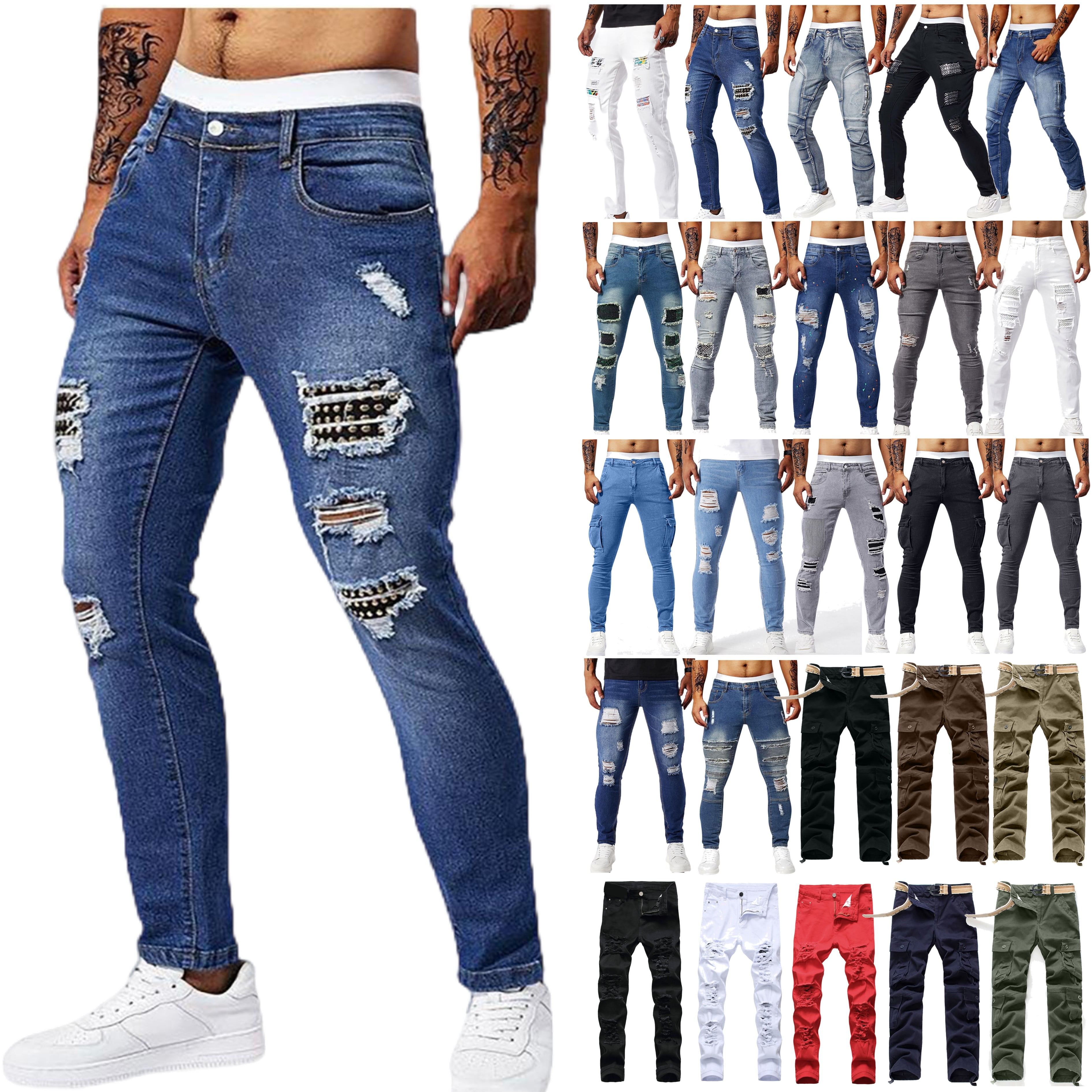 DDAPJ pyju Men's Slim Fit Ripped Jeans Distressed Destroyed Stretchy ...