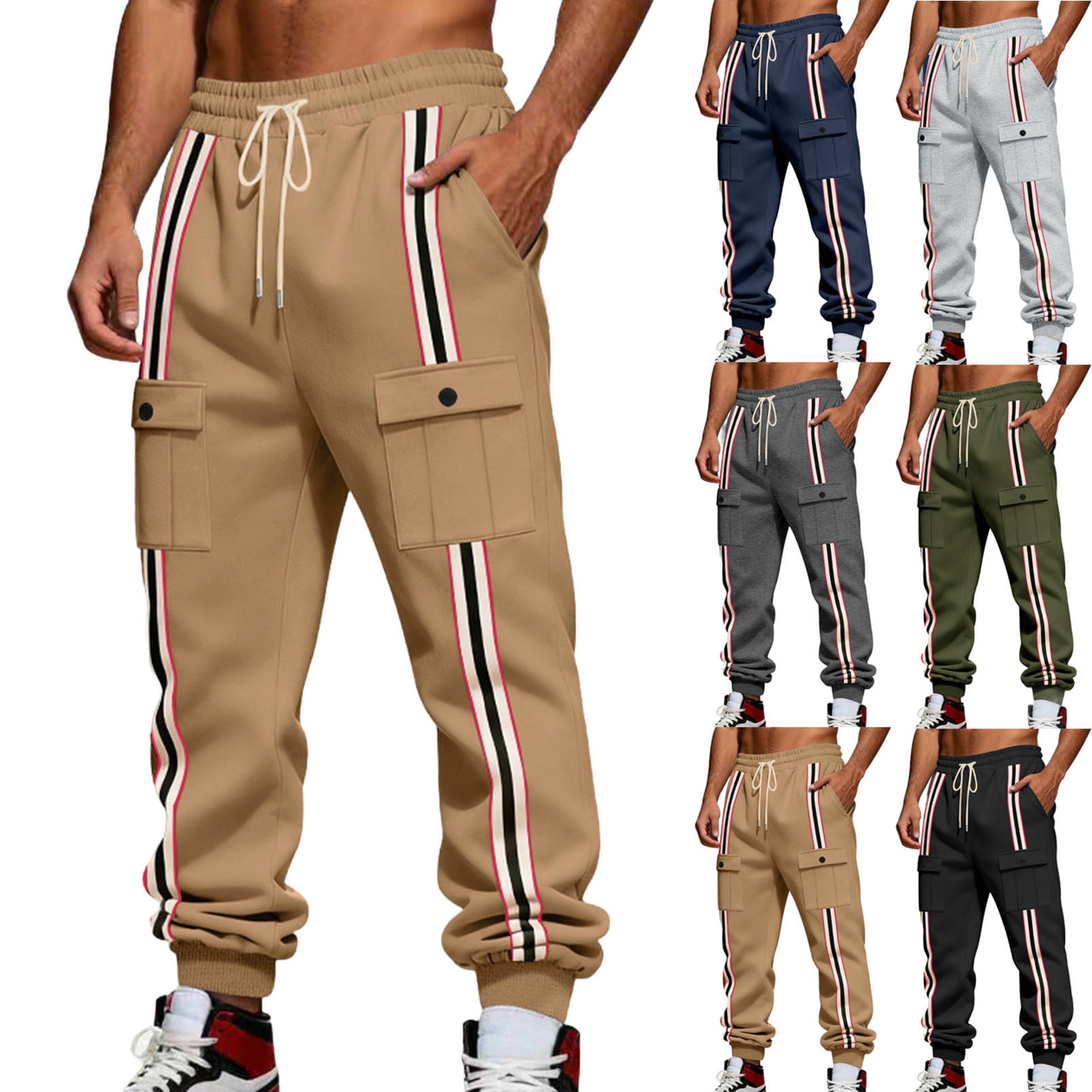 DDAPJ pyju Men's Striped Cargo Pants Thin Fleece Lined Sweatpants ...