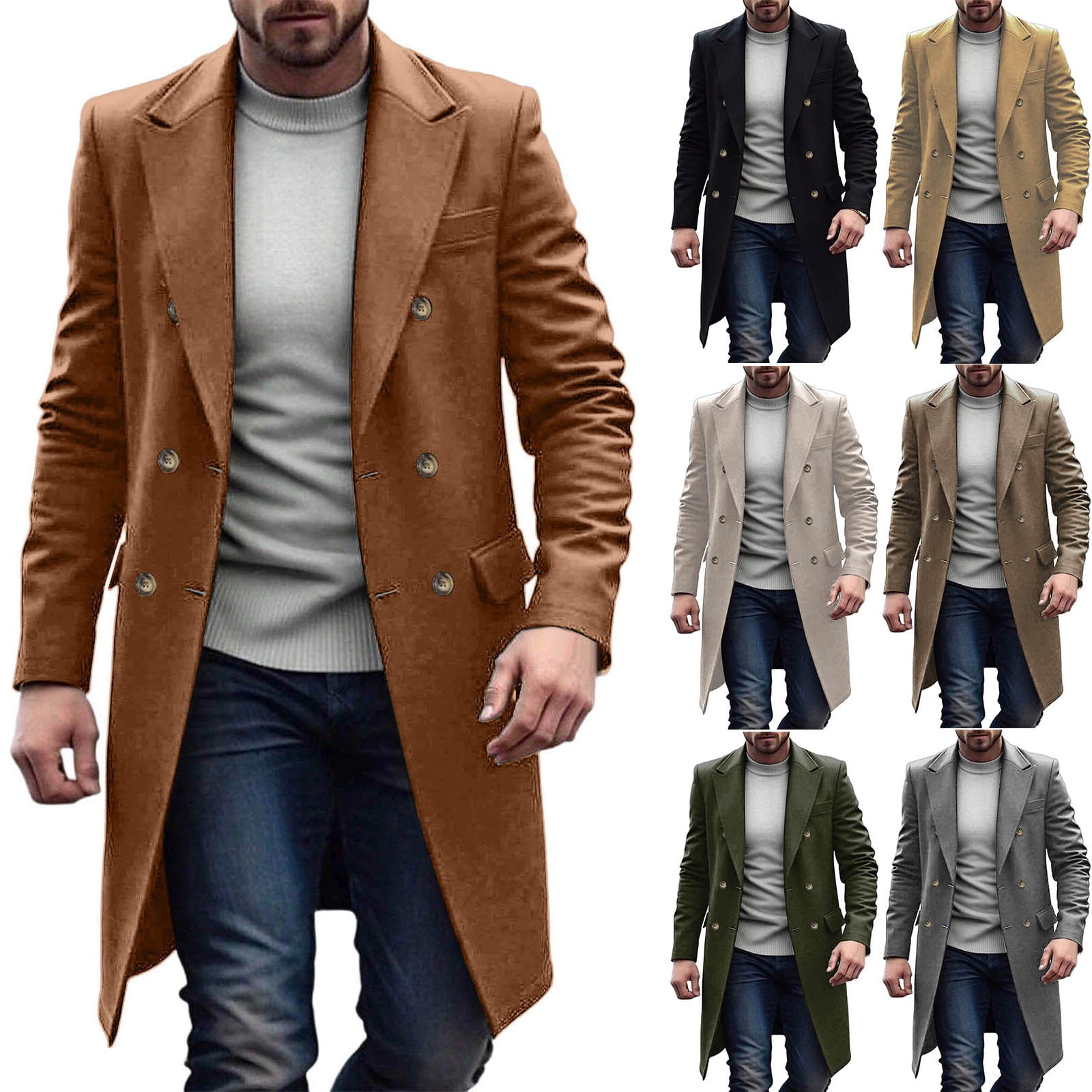 DDAPJ pyju Men's Trench Coat Slim Fit Notched Collar Long Jacket Double ...