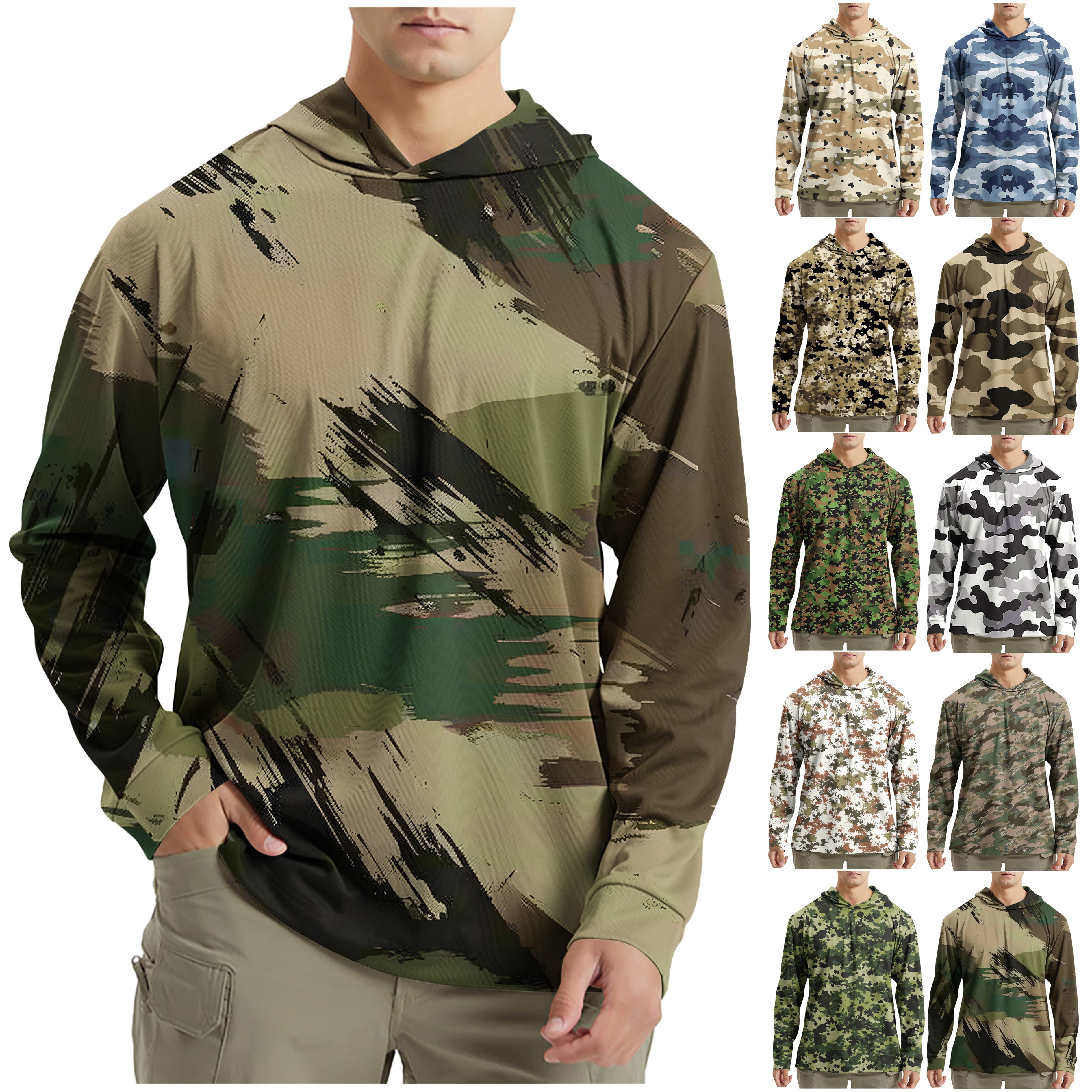 DDAPJ pyju Men's UV Sun Protection Hooded Camo Shirts Long Sleeve Quick ...