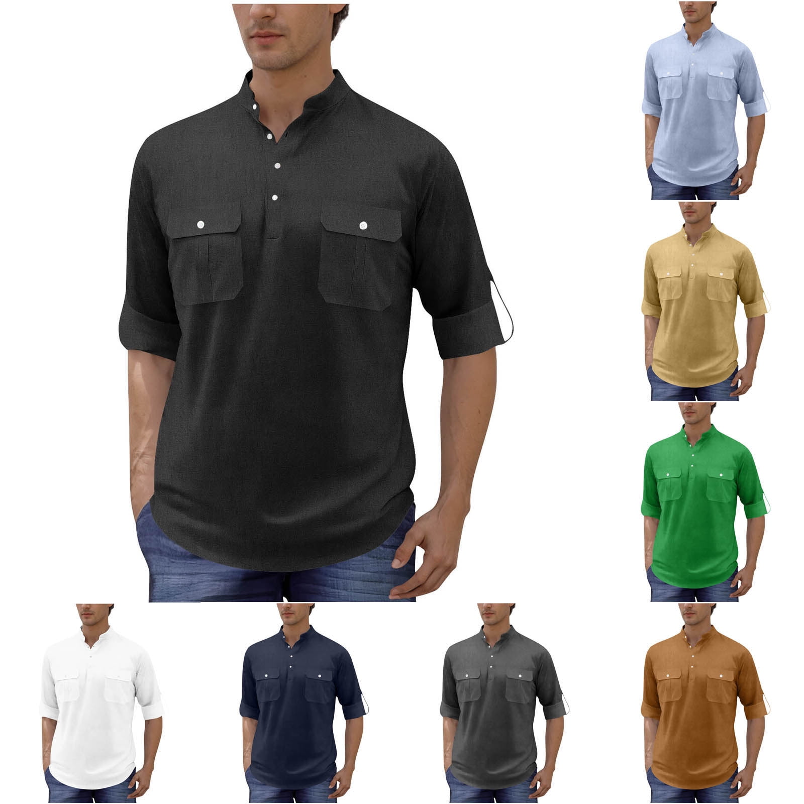 DDAPJ pyju Mens Cargo Work Shirt Rolled Up Long Sleeve Band Collar T ...