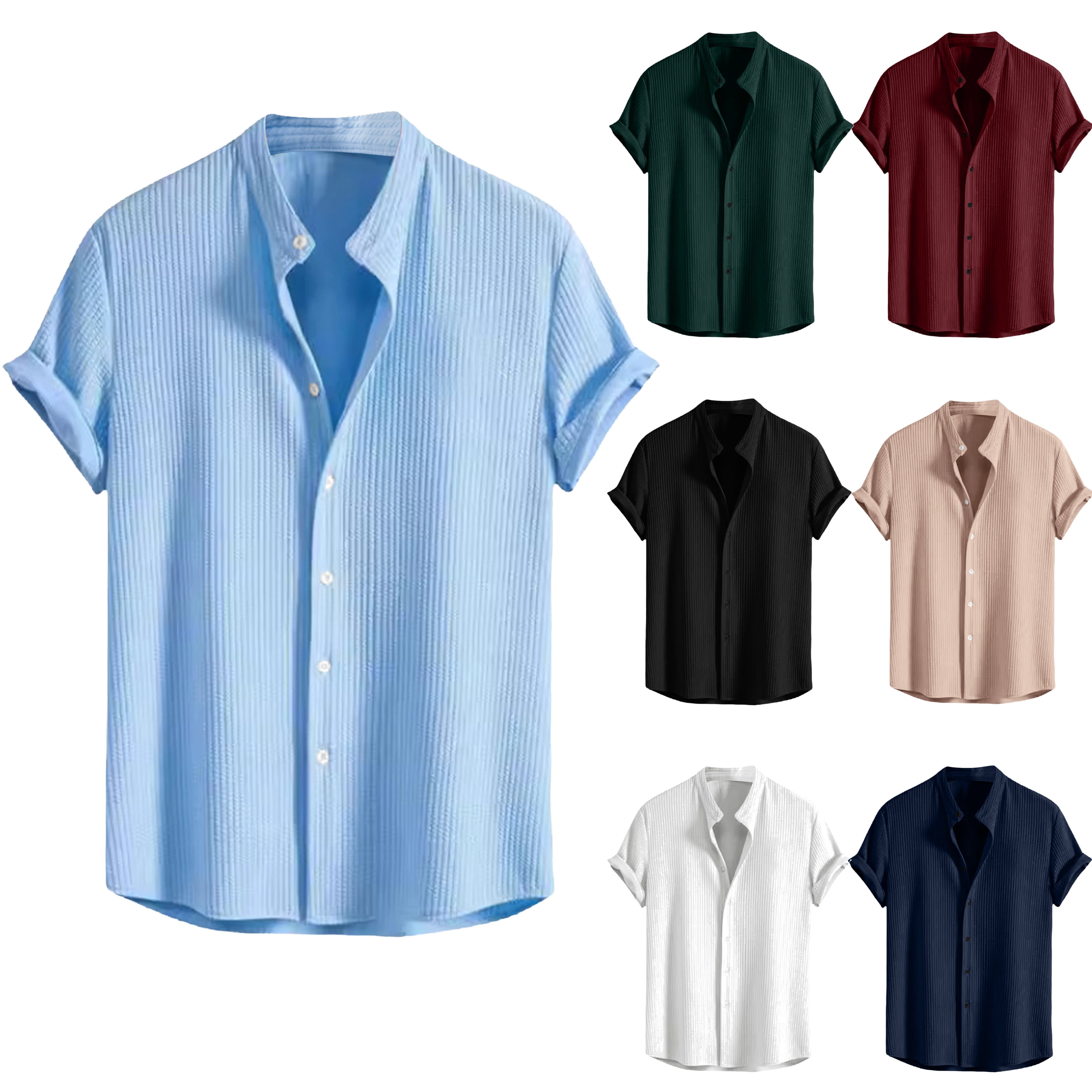 DDAPJ pyju Mens Casual Button Down Shirts Solid Textured Shirt Short ...