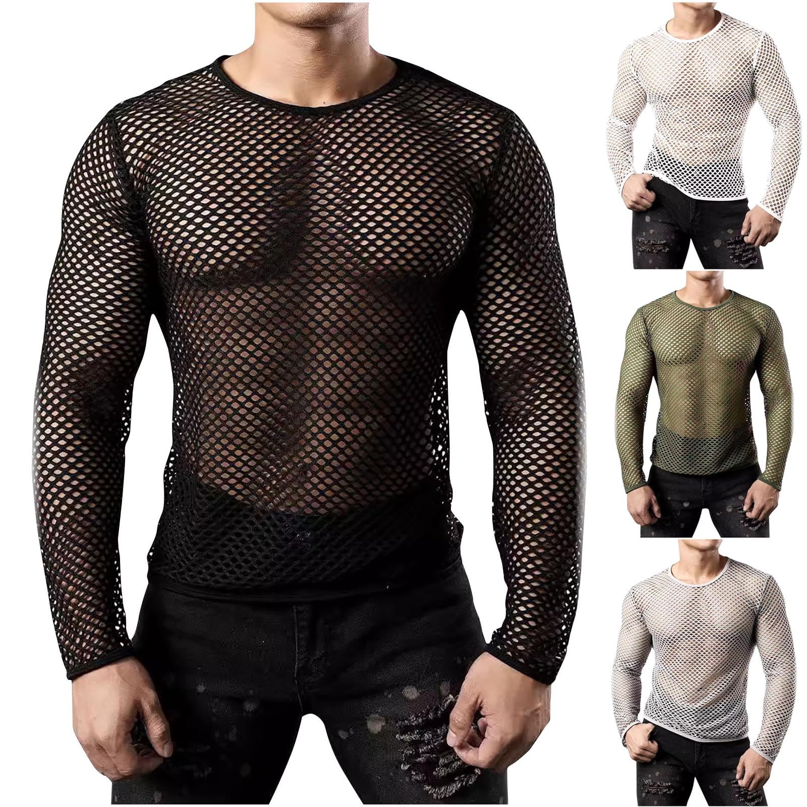 DDAPJ pyju Mens Fishnet T Shirt Mesh Slim Fit Long Sleeve Hollow Out ...
