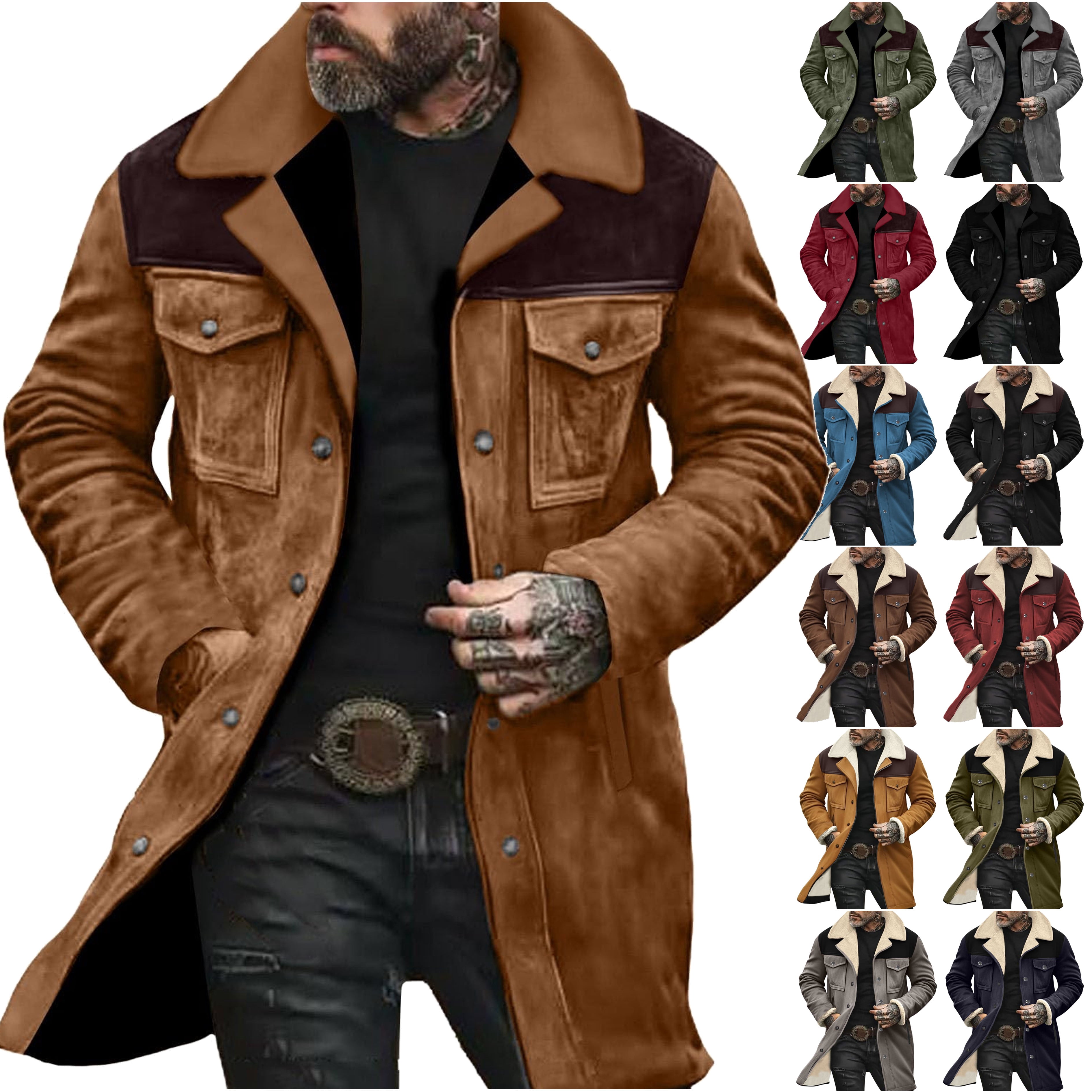 DDAPJ pyju Mens Fleece Lined Cargo Jacket Notched Lapel Trench Coat ...