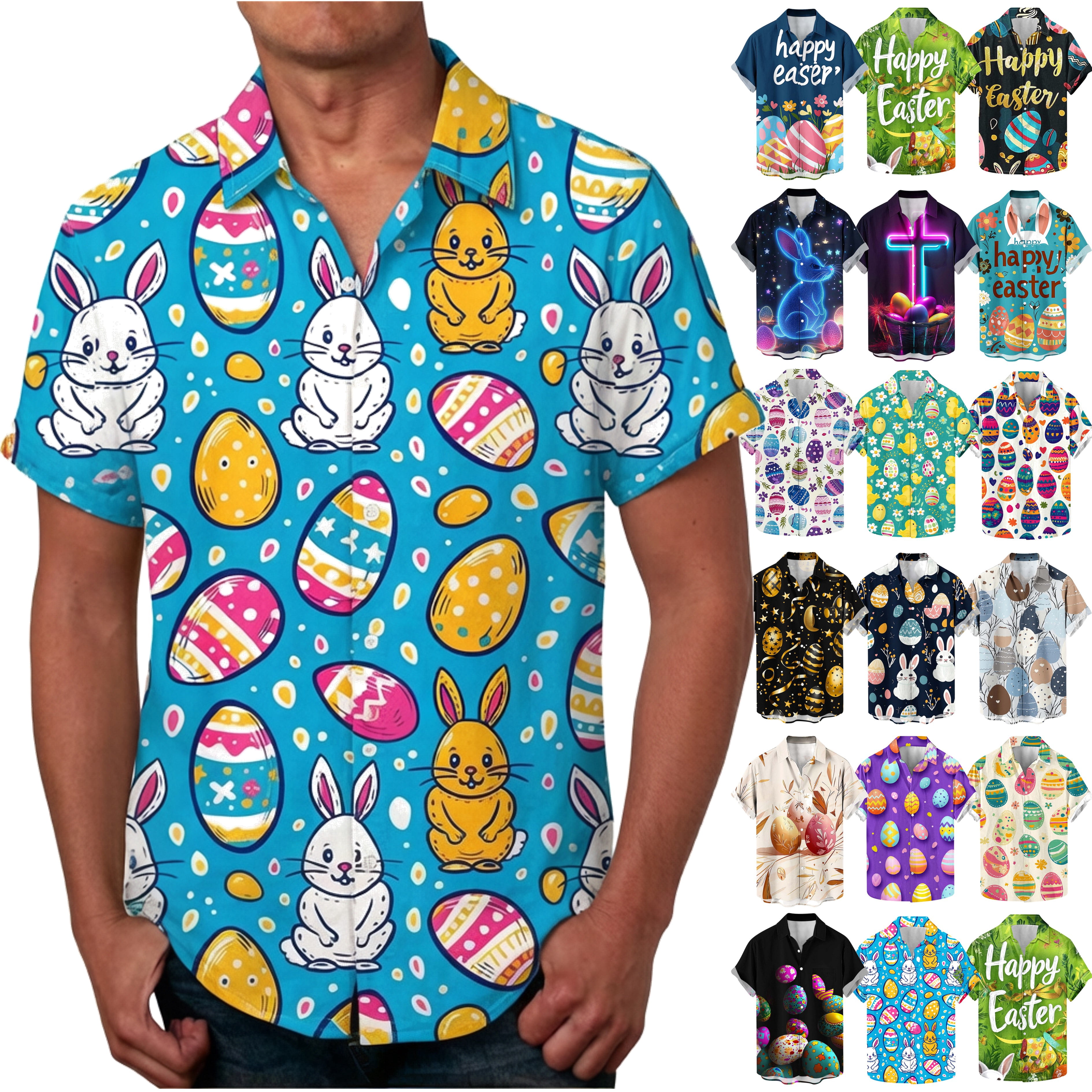 DDAPJ pyju Mens Happy Easter Shirts Cross Cute Eggs Printed Short ...