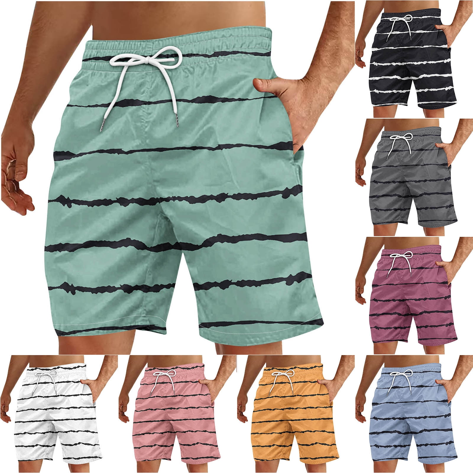 DDAPJ pyju Mens Hawaiian Beach Shorts Striped Print Casual Summer ...