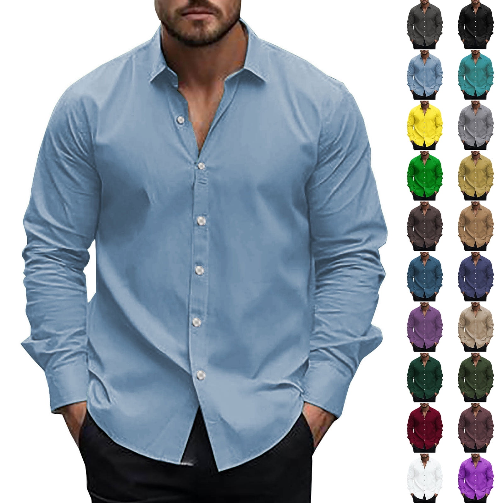 Ddapj Pyju Mens Long Sleeve Dress Shirt Solid Business Casual Button