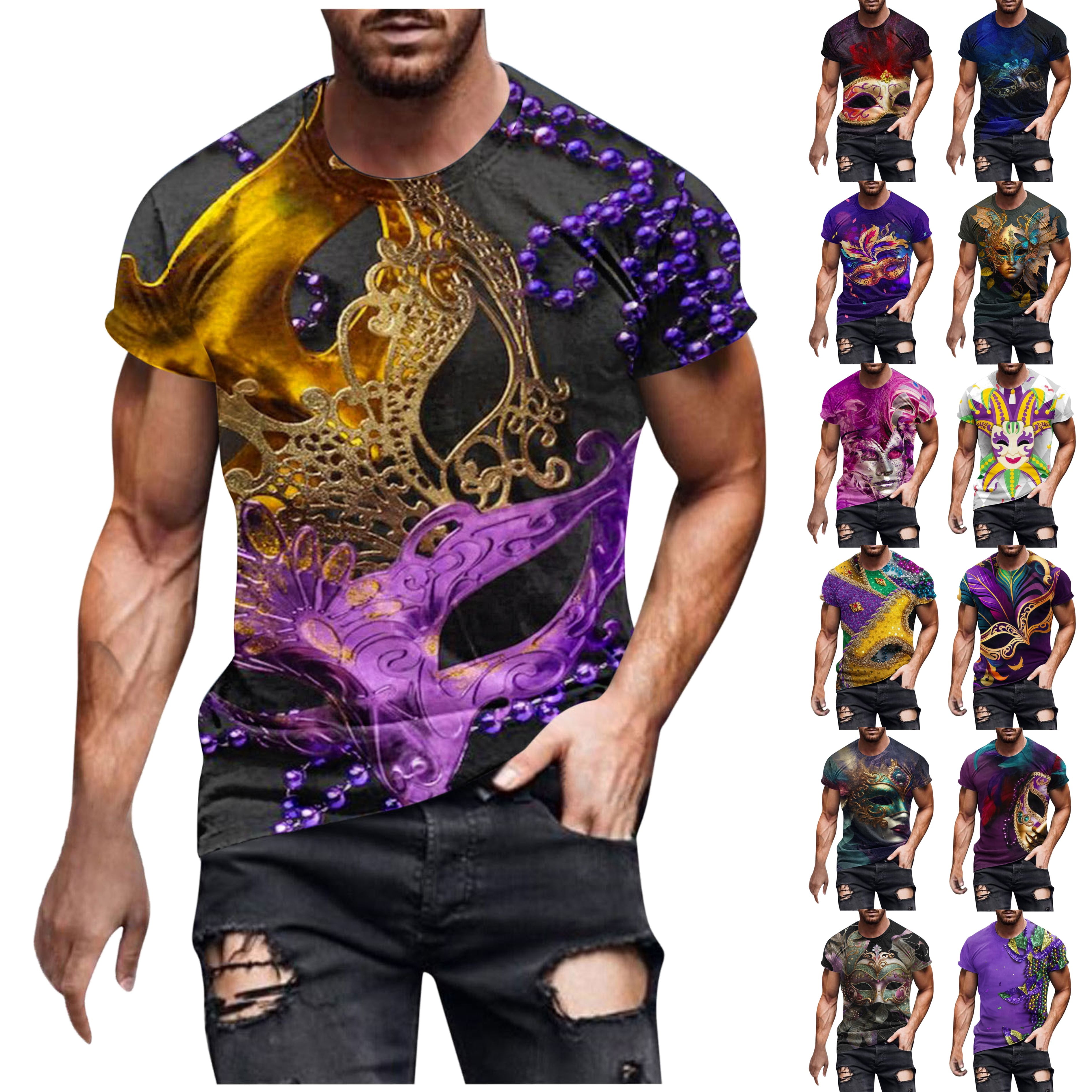DDAPJ pyju Mens Mardi Gras Shirts Short Sleeve Mask Graphic Printed ...