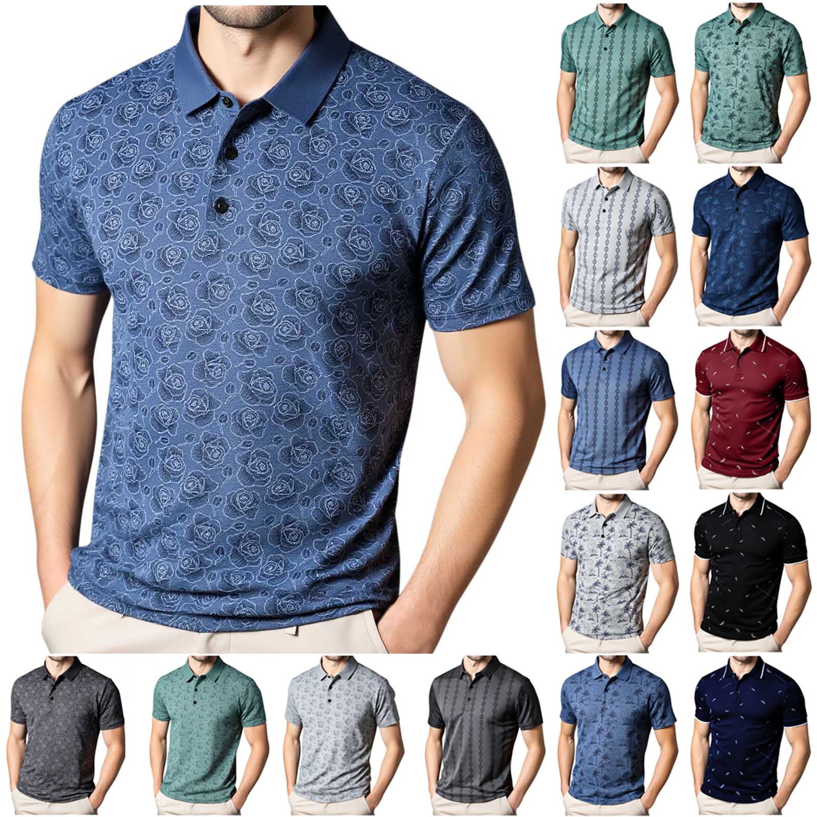 DDAPJ pyju Mens Printed Polo Shirt Business Casual Collared T-Shirt ...