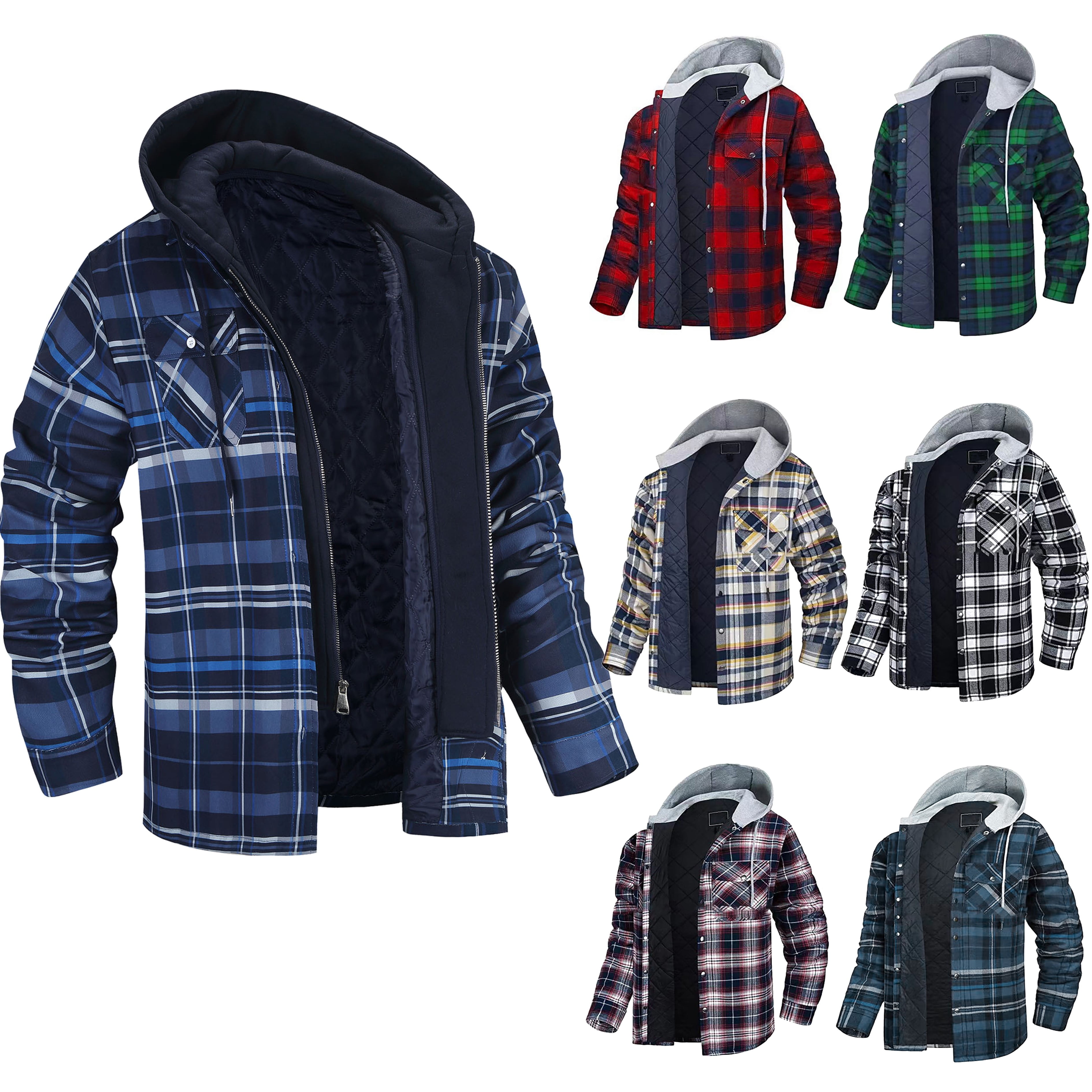 DDAPJ pyju Mens Quilted Lined Flannel Hooded Jacket Casual Plaid Button ...