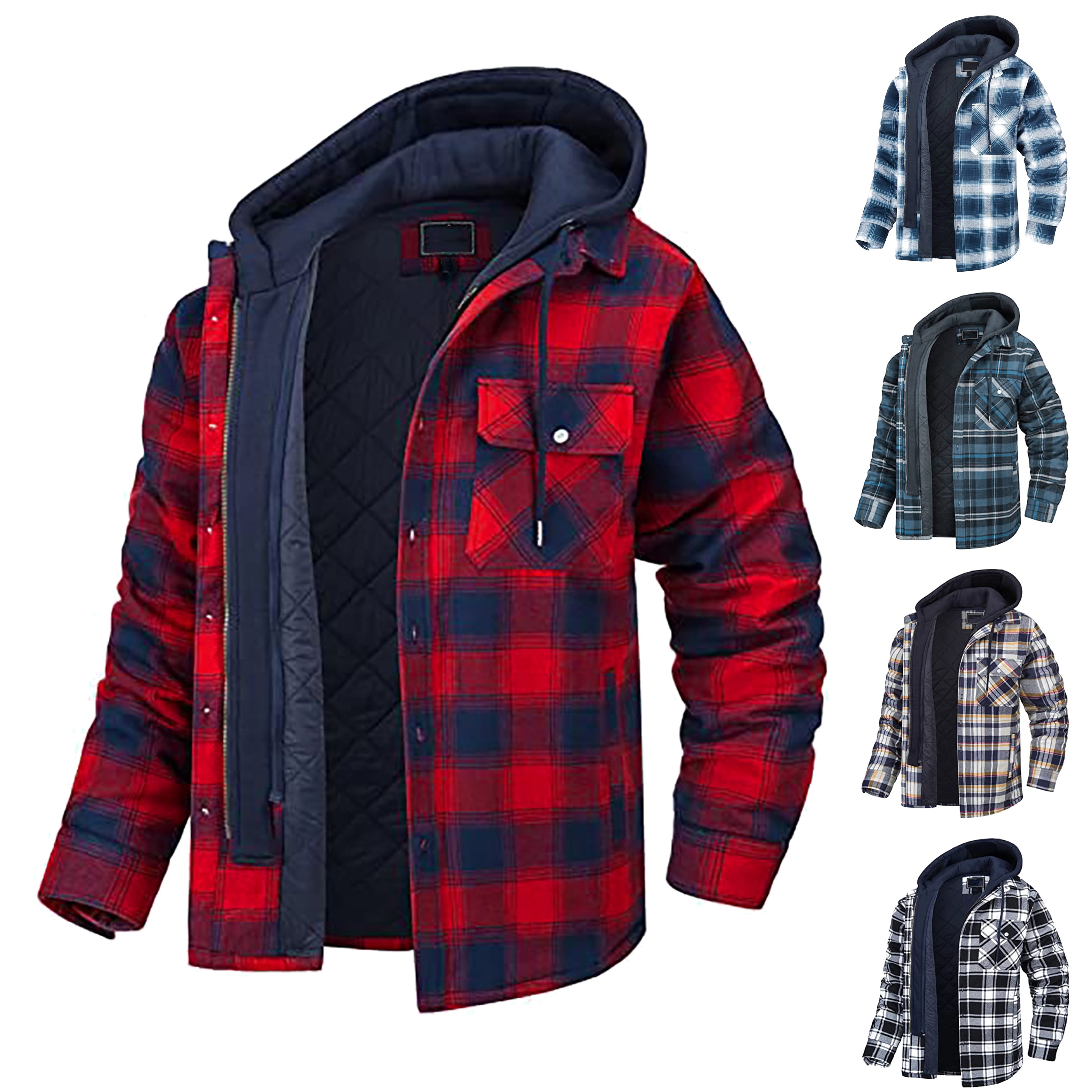 DDAPJ pyju Mens Quilted Lined Flannel Hooded Jacket , Plaid Button Down ...