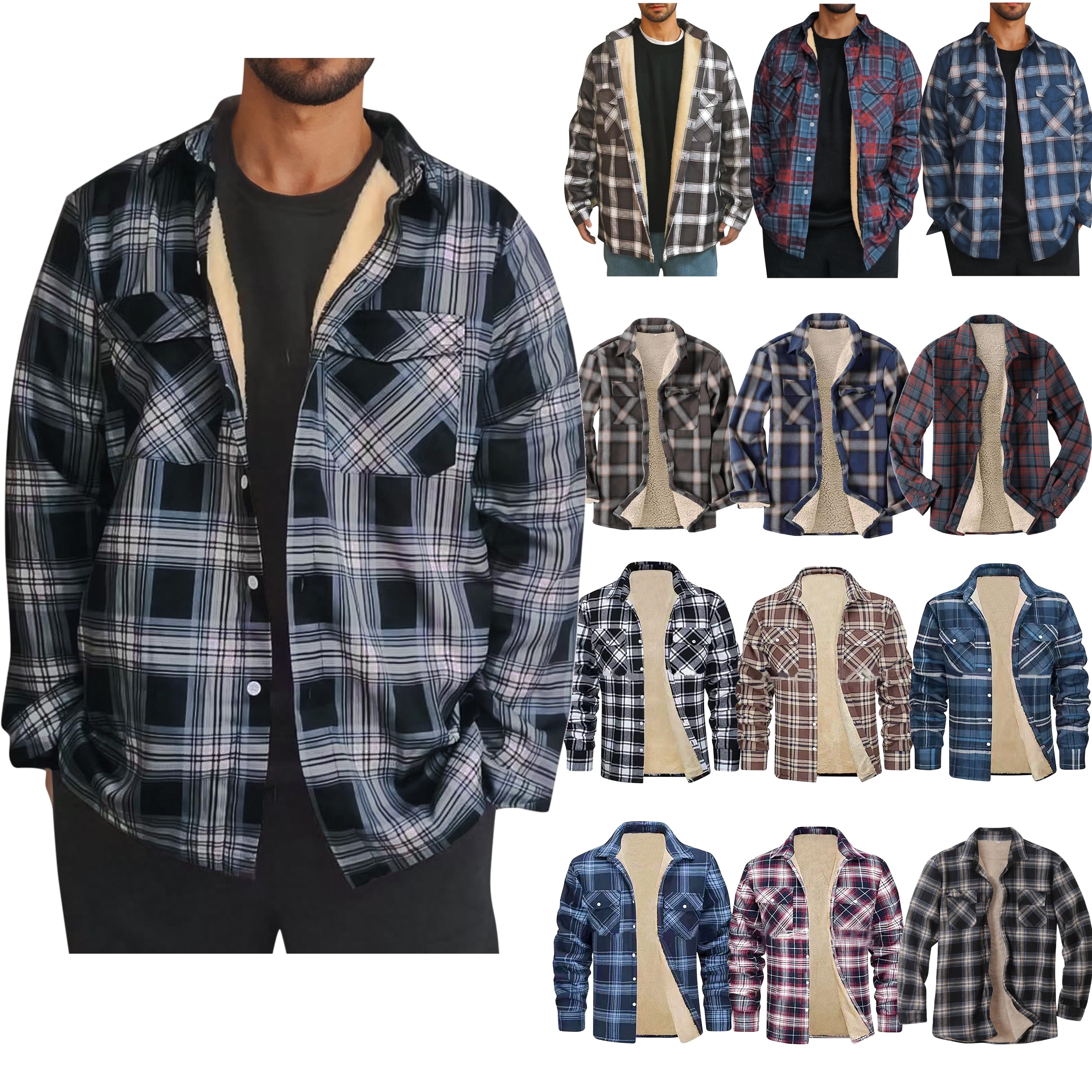 DDAPJ pyju Mens Sherpa Fleece Lined Flannel Shirt Jacket Long Sleeve ...