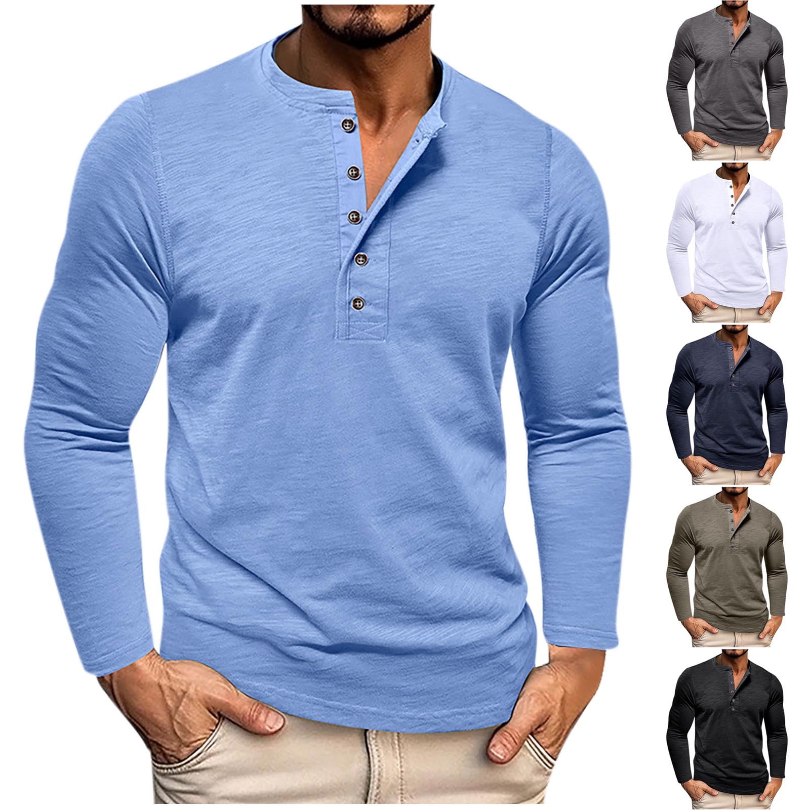 DDAPJ pyju Mens Solid Henley Shirts Slim Fit Long Sleeve Collarless ...