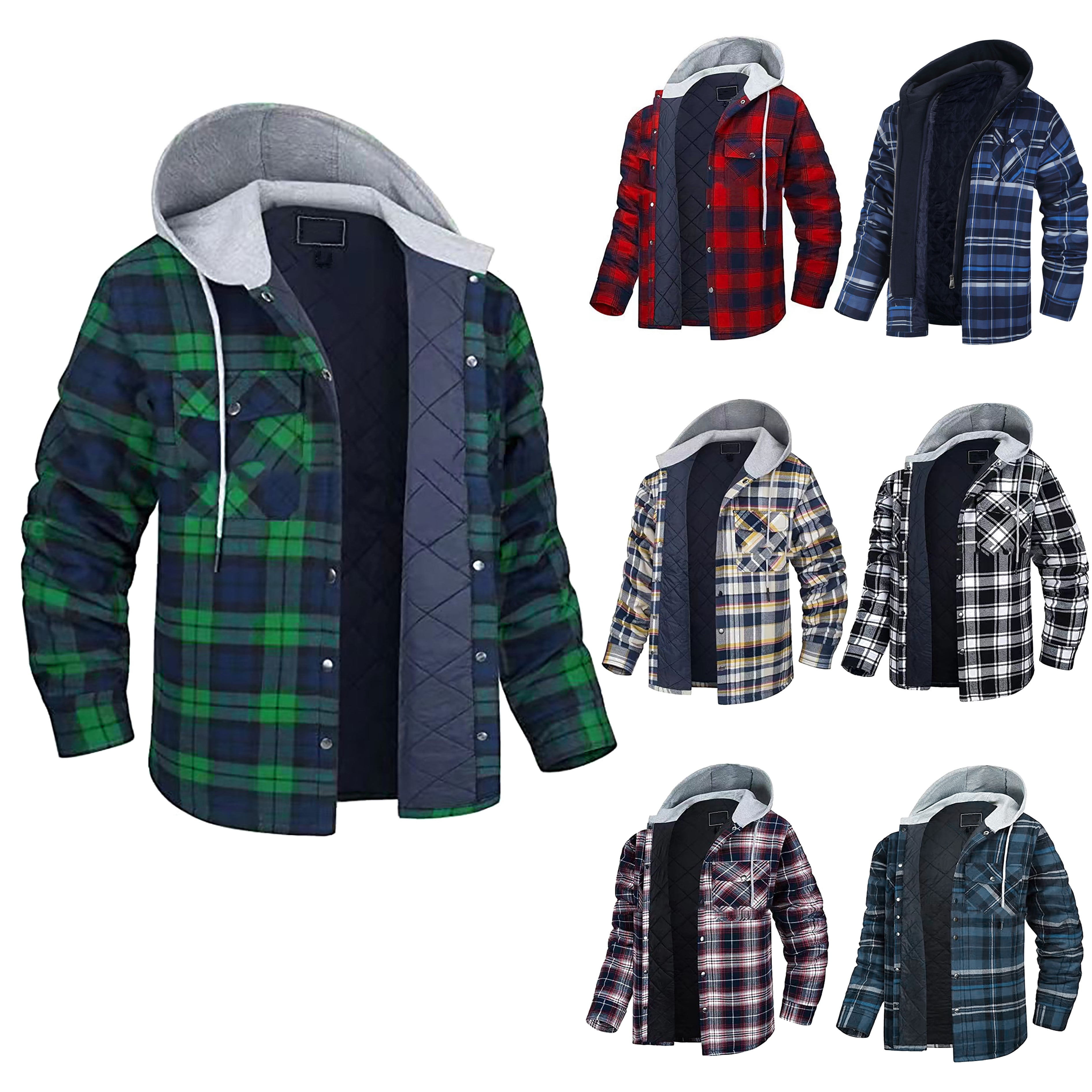 DDAPJ pyju Mens Thermal Quilted Lined Flannel Shirts Jackets Hooded ...