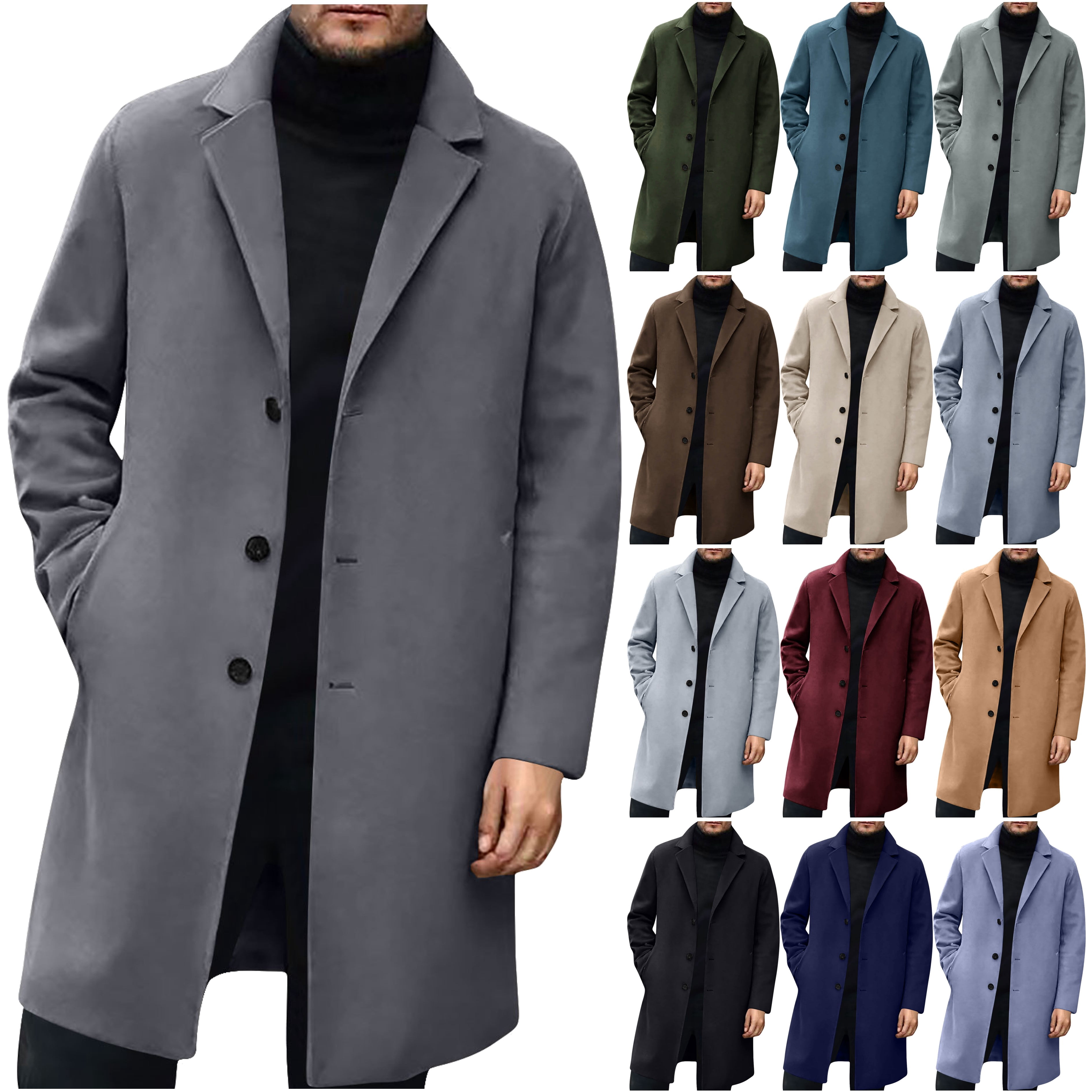 DDAPJ pyju Mens Trench Coat Notched Collar Single Breasted Peacoat ...