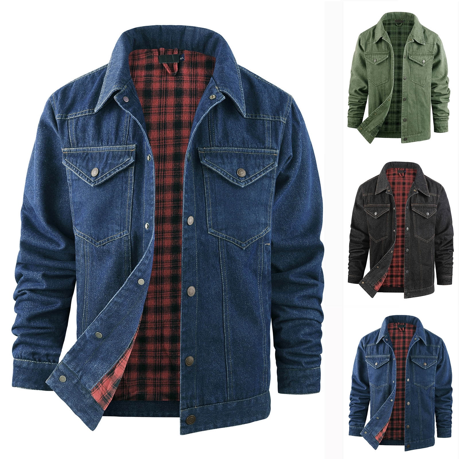 DDAPJ pyju Mens Vintage Denim Jacket Plaid Lined Shirt Jackets Long ...