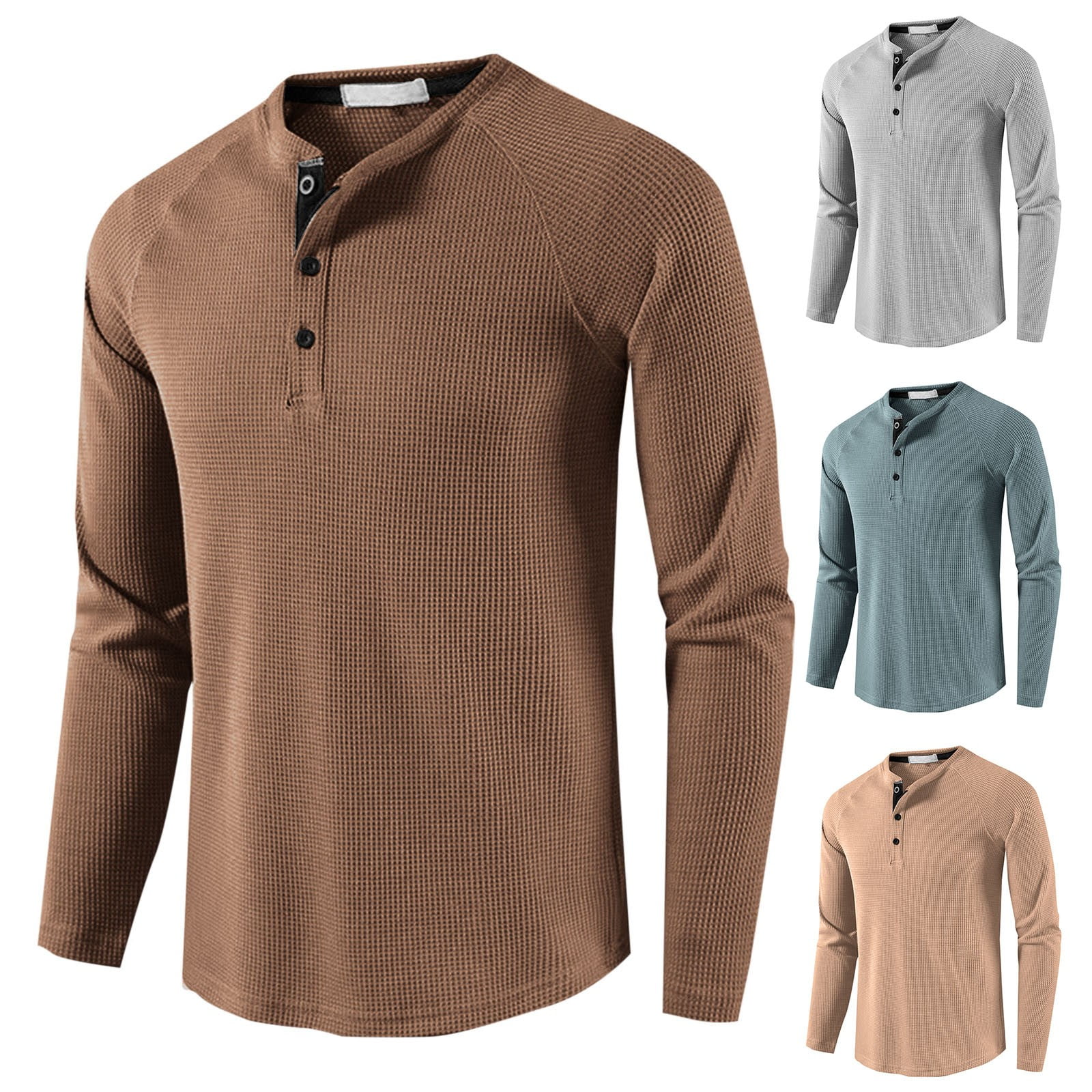 DDAPJ pyju Mens Waffle Knit Henley Shirt Long Sleeve 3 Button T-shirt Solid Textured Shirt ...