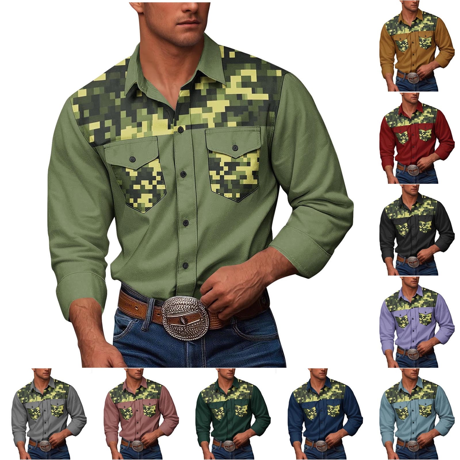 DDAPJ pyju Mens Western Cowboy Shirts Camouflage Button Down Shirt Long ...