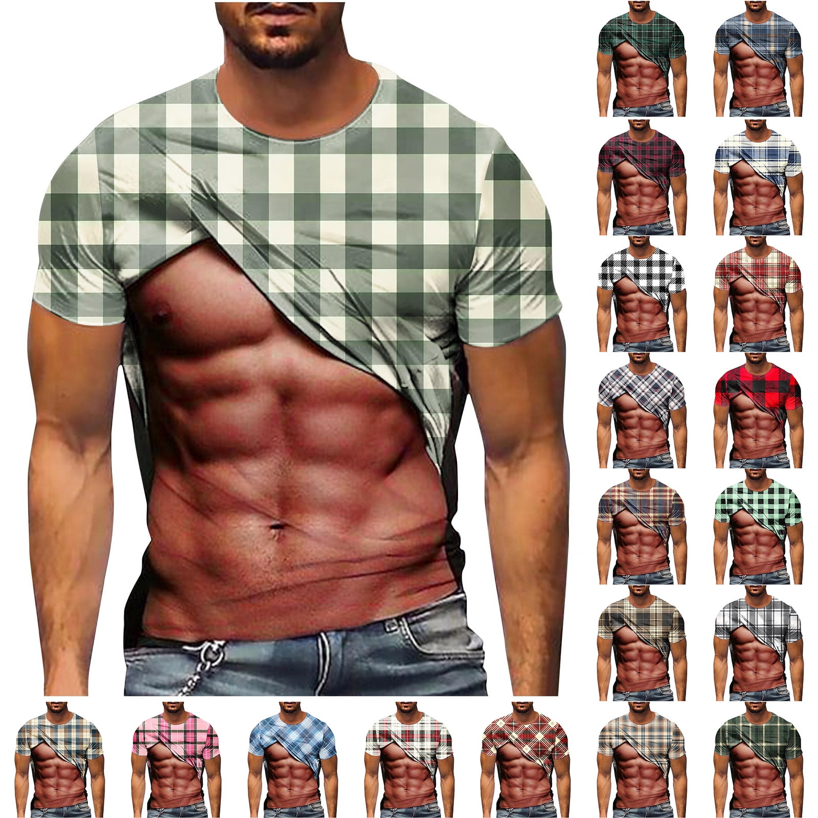 DDAPJ pyju Muscle Shirts for Men Fake Abs Funny Tshirt Short Sleeve ...