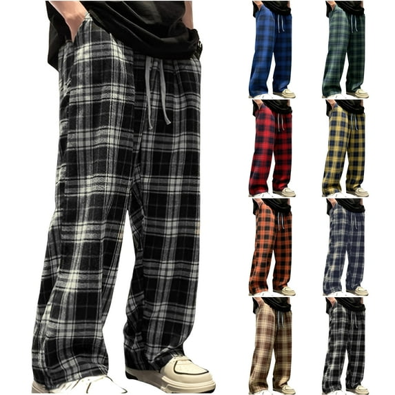 DDAPJ pyju Plaid Pants for Men Wide Leg Casual Sleep Pants Elastic ...