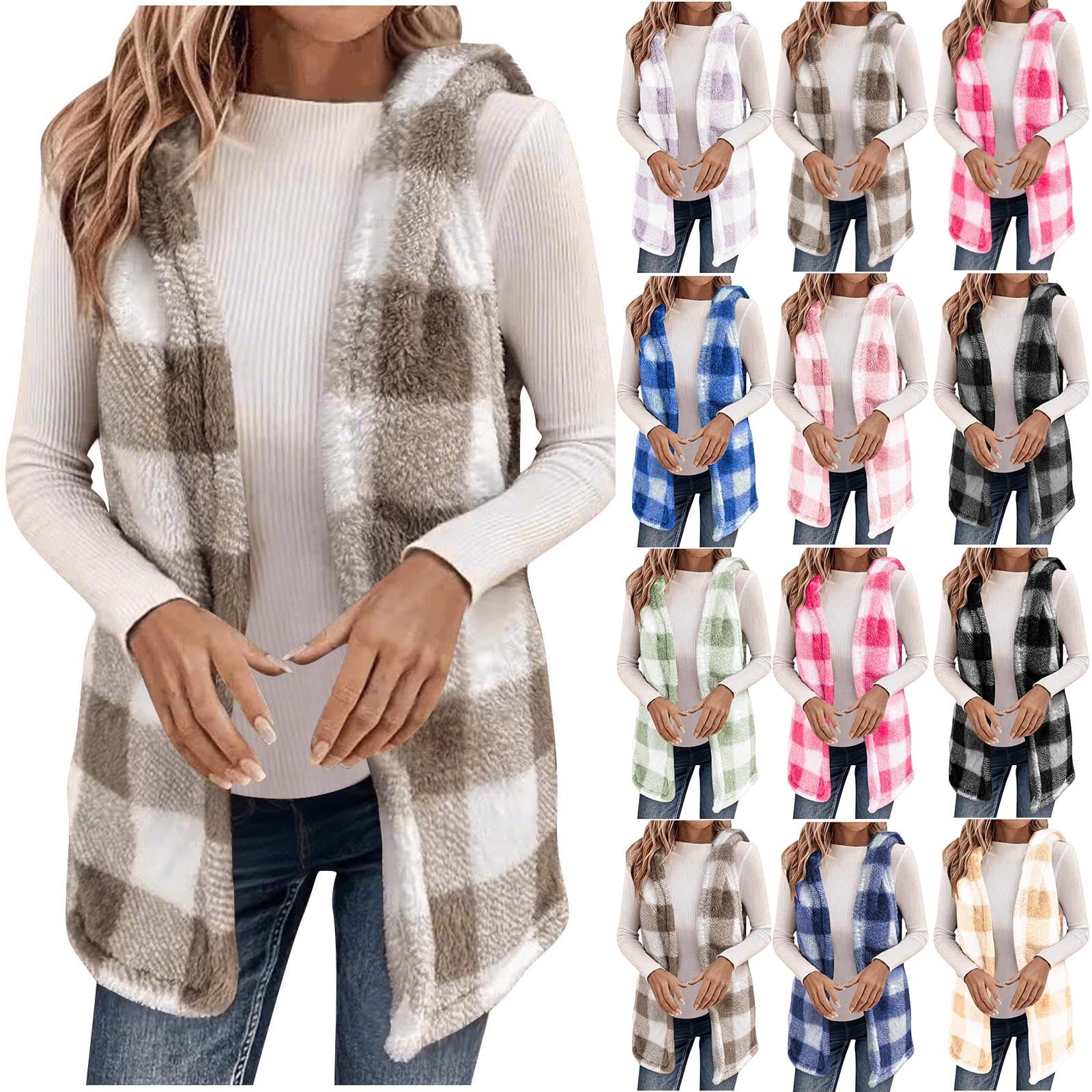 DDAPJ pyju Plaid Vest for Women Sleeveless Fleece Jackets Lightweight Open Front Hooded Cardigan ...
