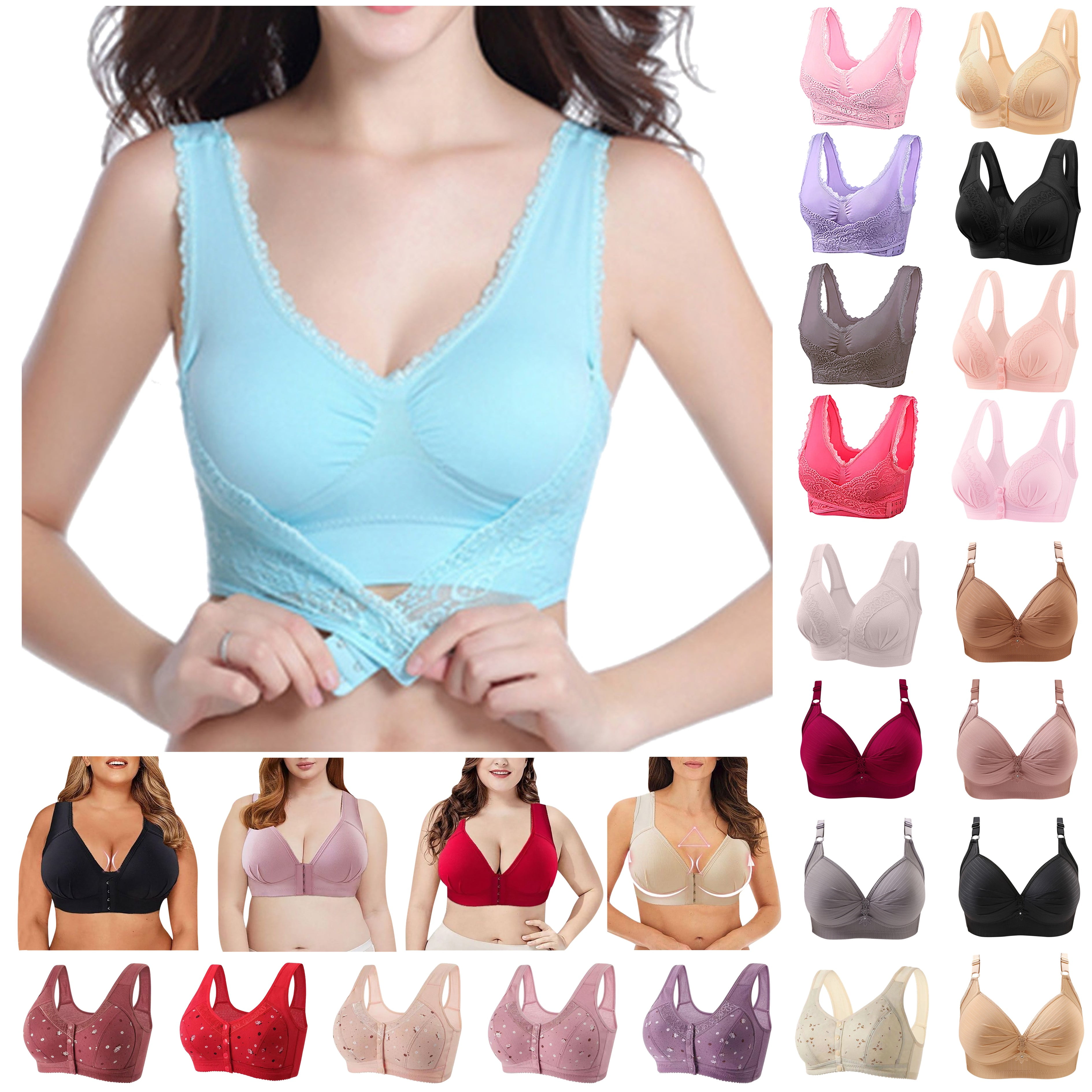 DDAPJ pyju Plus Size Bras for Older Women Fall ,Front Cross Side Buckle Lace Bras Wireless Push ...