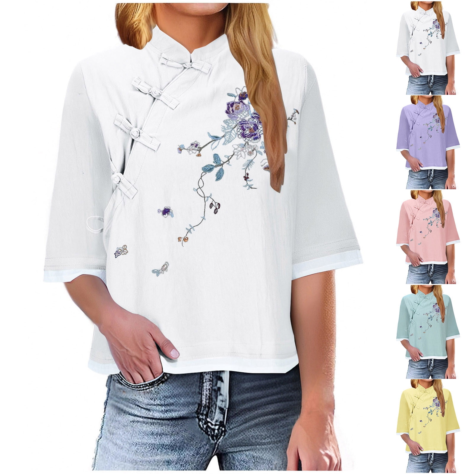 DDAPJ pyju Plus Size Linen Tops for Women Summer 3/4 Sleeve Chinese Frog Button Blouses ...