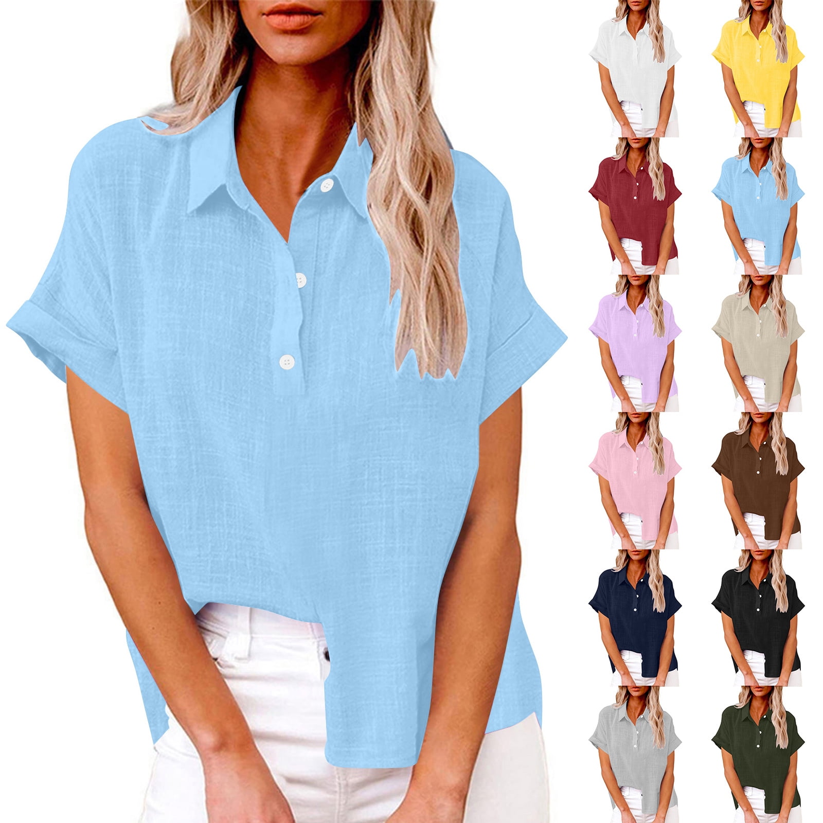 DDAPJ pyju Plus Size Linen Tops for Women Button Up Collared Shirts ...