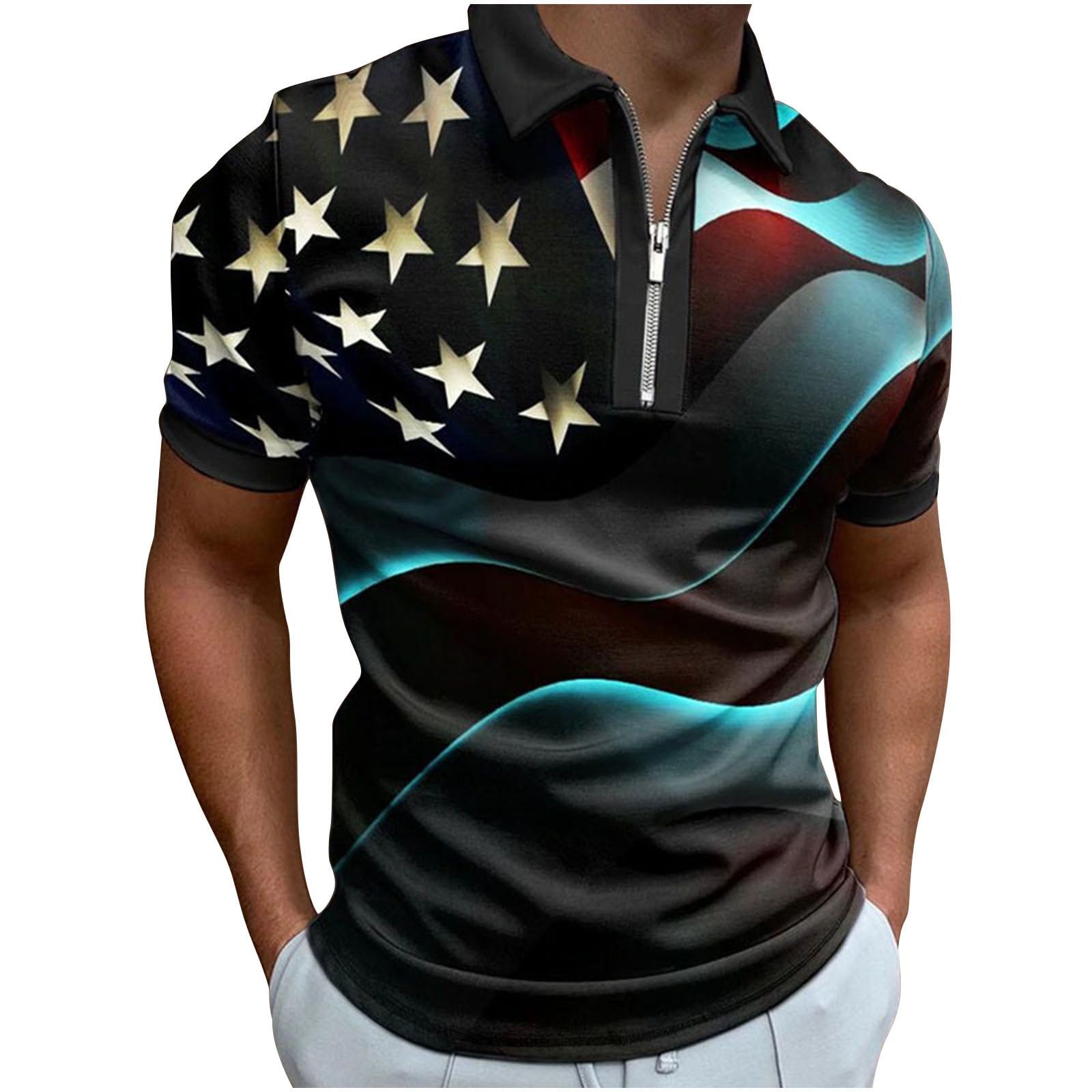 DDAPJ pyju Quarter Zip Polo Shirts for Men 4th of July Patriotic Shirt American Flag Print Short ...