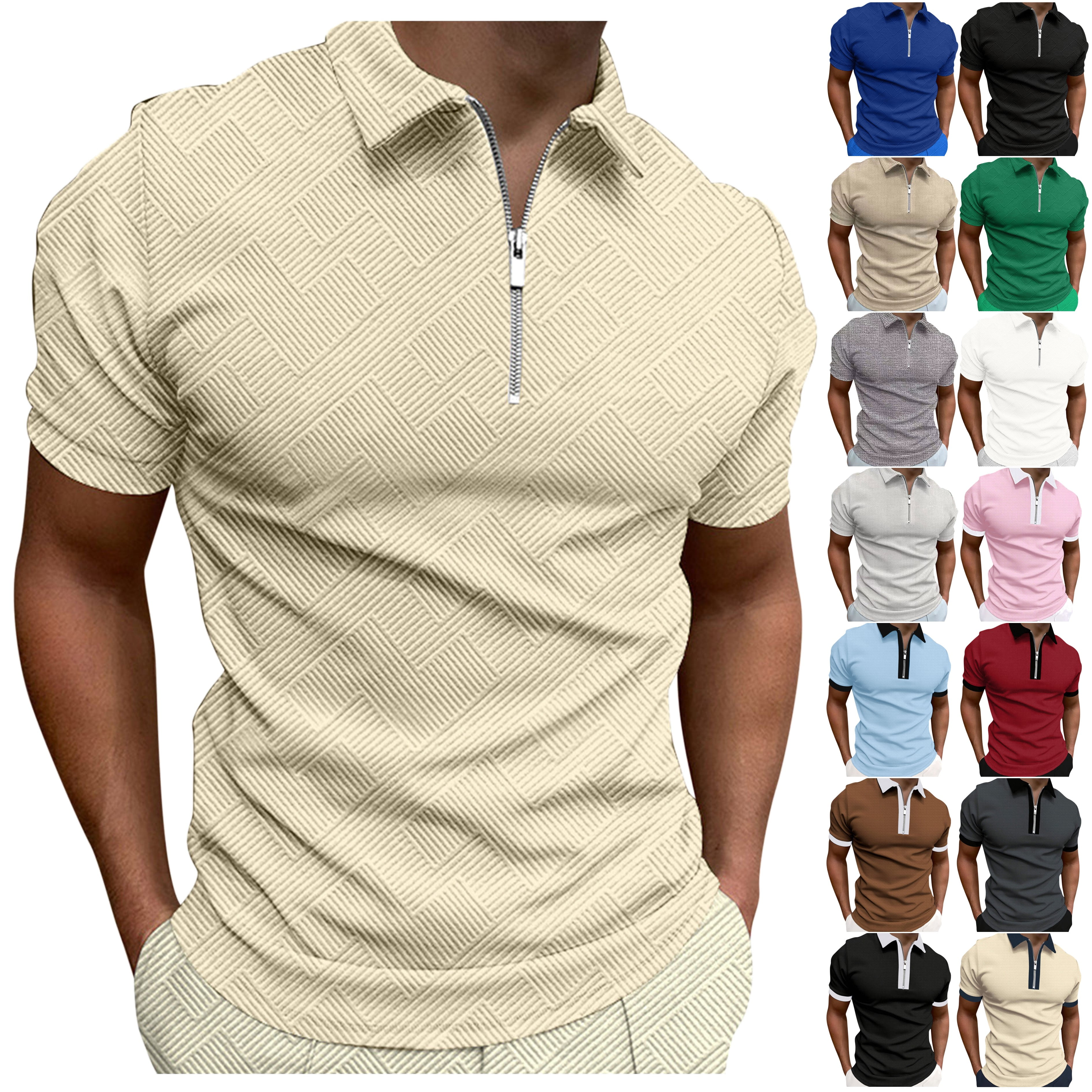 DDAPJ pyju Quarter Zip Polo Shirts for Men Waffle Knit Short Sleeve Collared T Shirt Basic Solid ...