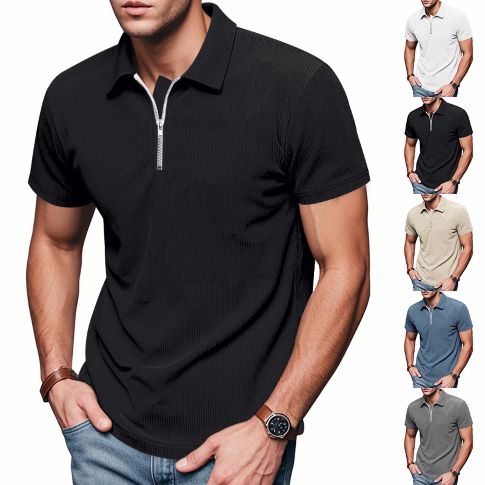 DDAPJ pyju Quarter Zip Polos for Men Lightweight Corduroy Golf Shirt Business Casual Short ...