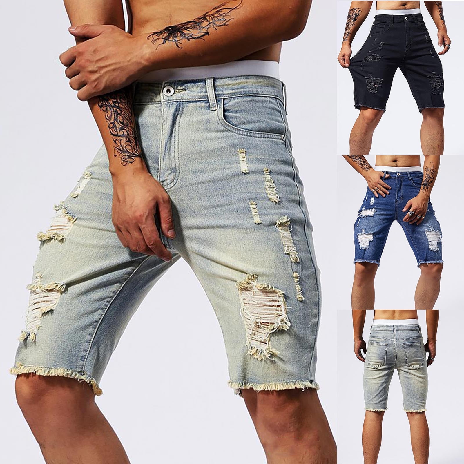 DDAPJ pyju Ripped Frayed Jean Shorts for Men Denim Shorts Slim Fit ...