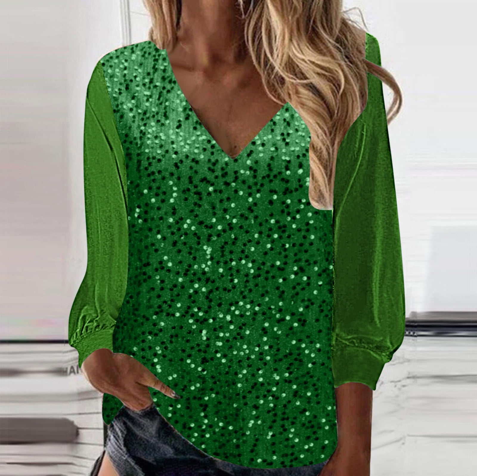 DDAPJ pyju Sequin Tops for Women Balloon Long Sleeve Glitter Dressy ...