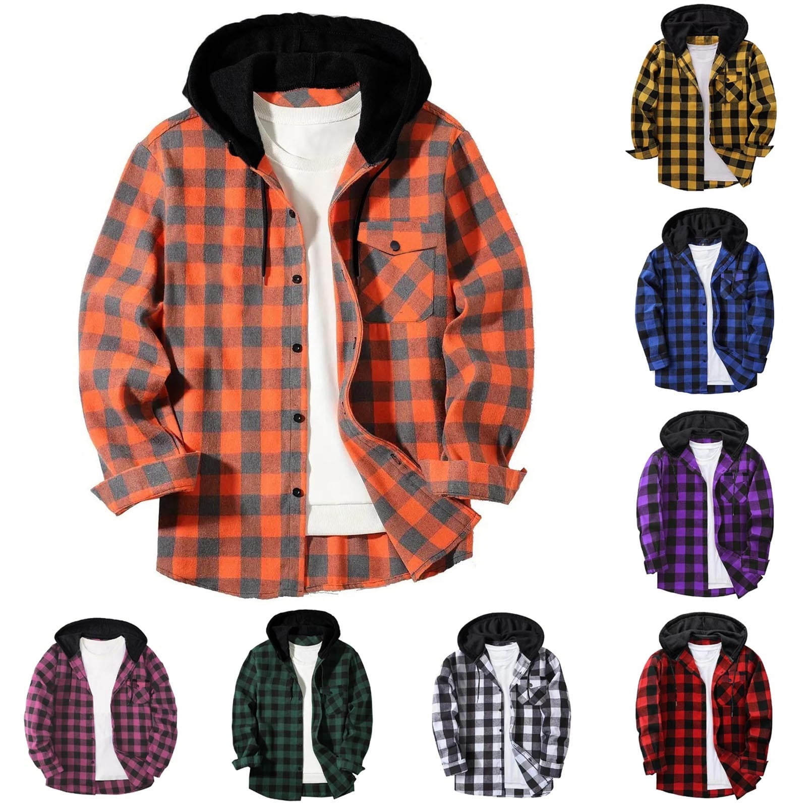 DDAPJ pyju Shackets for Men Long Sleeve Plaid Hoodie Shirt Casual ...