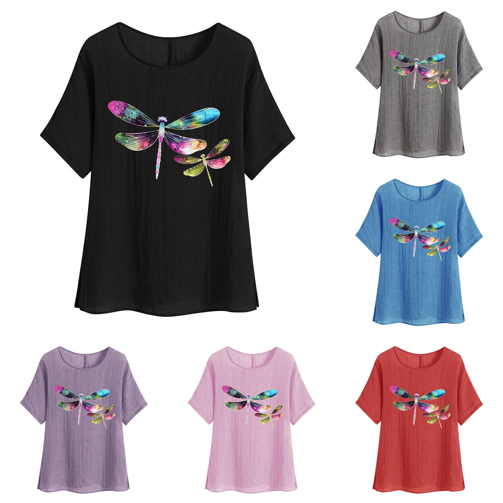 DDAPJ pyju Side Slit Tops for Women 2025 Trendy Dragonfly Graphic Tee ...