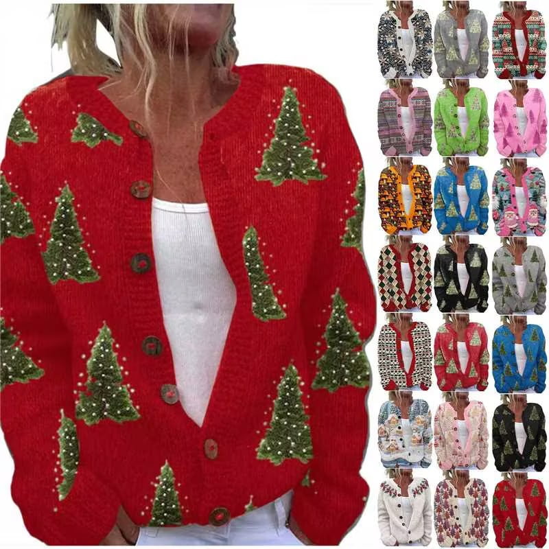 DDAPJ pyju Sparkly Christmas Sweaters Women Xmas Tree Button Down Knit Cardigans Vintage Long ...
