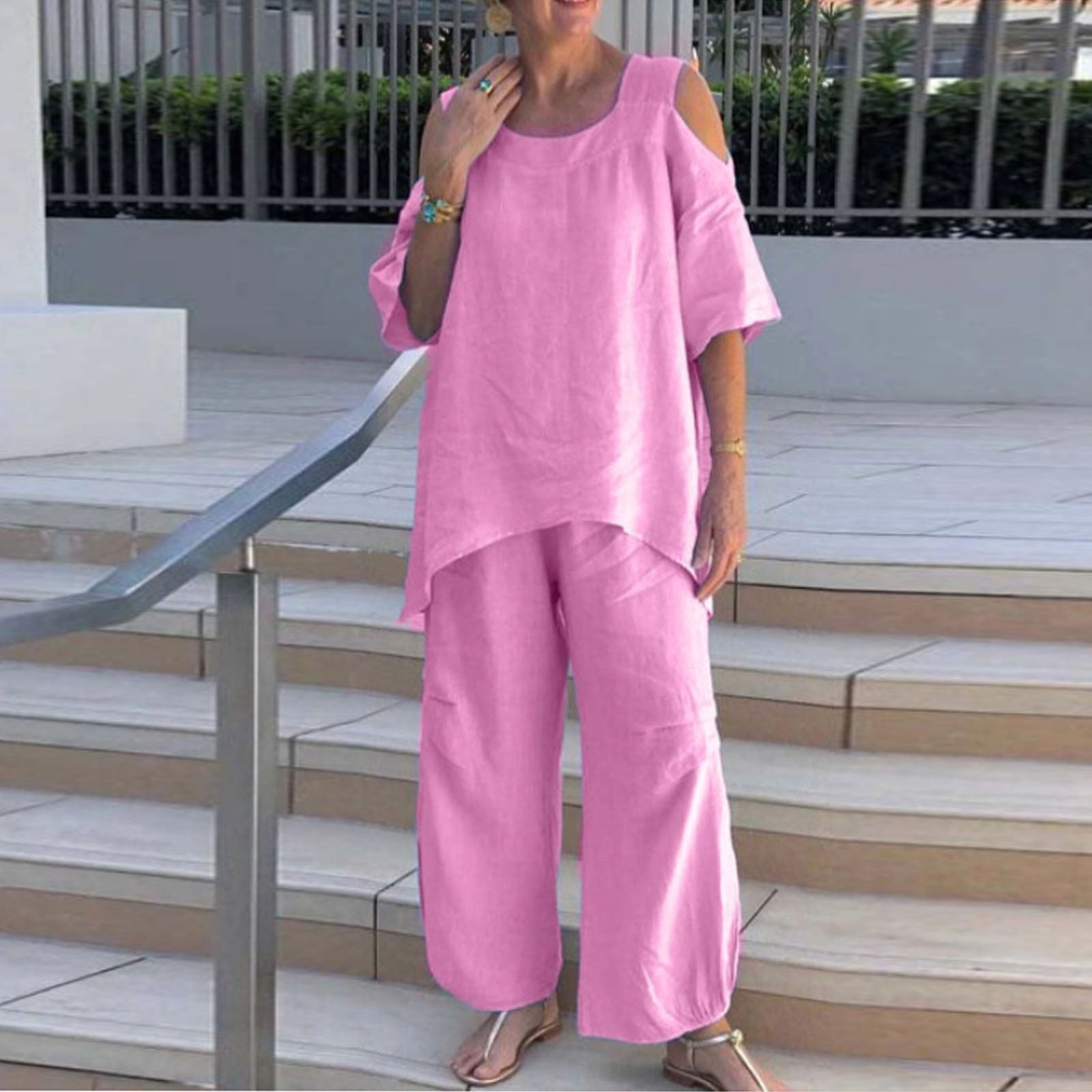 DDAPJ pyju Summer 2 Piece Outfits for Women Cotton Linen Lounge Sets ...