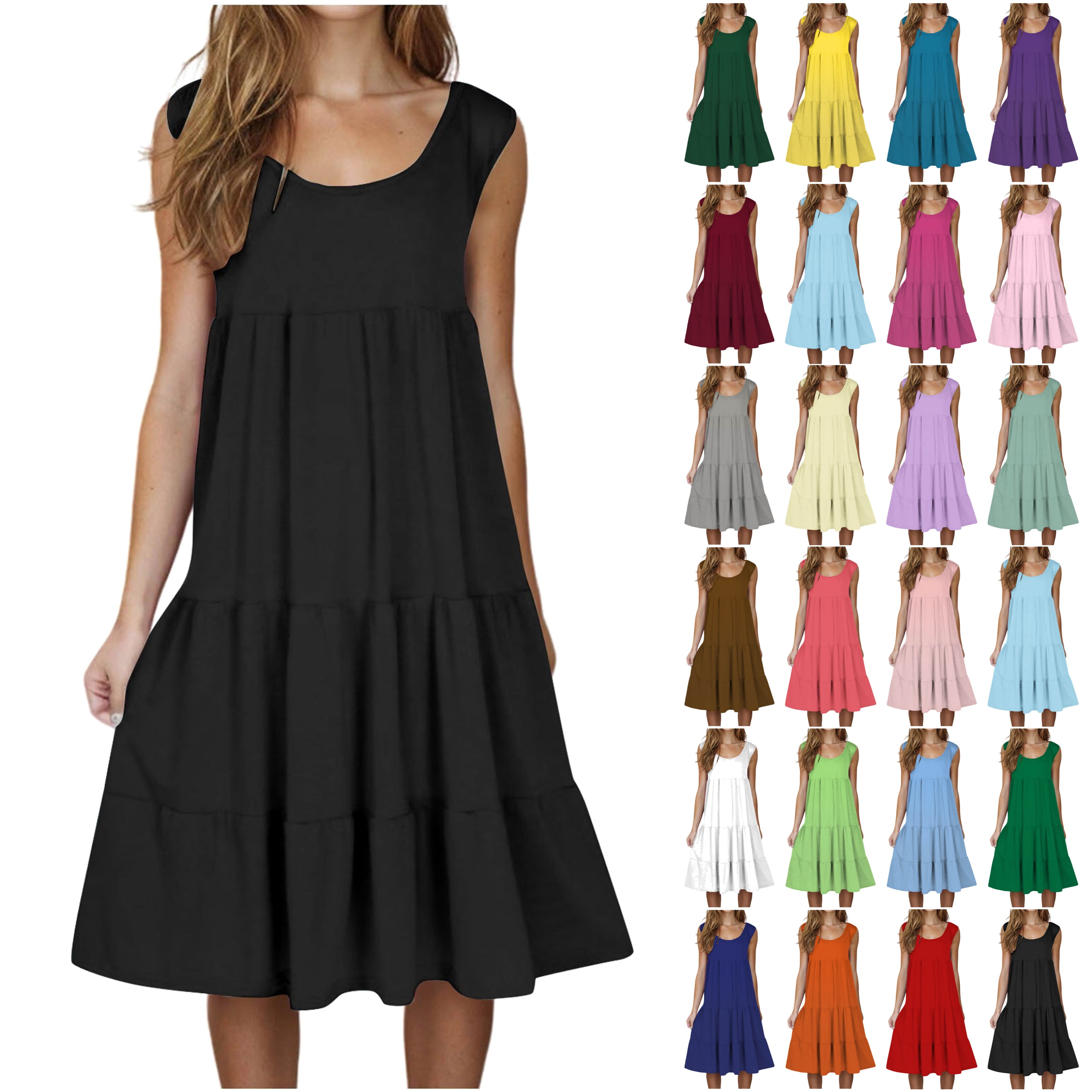 DDAPJ pyju Summer Dresses for Women Flowy Beach Dress Solid Casual ...