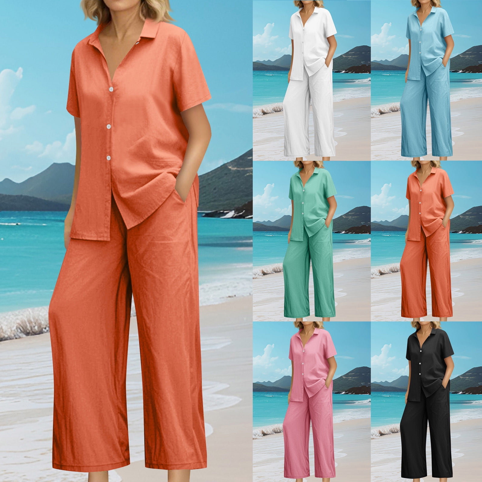 DDAPJ pyju Summer Outfits for Women Linen Button Down Shirts and Wide ...