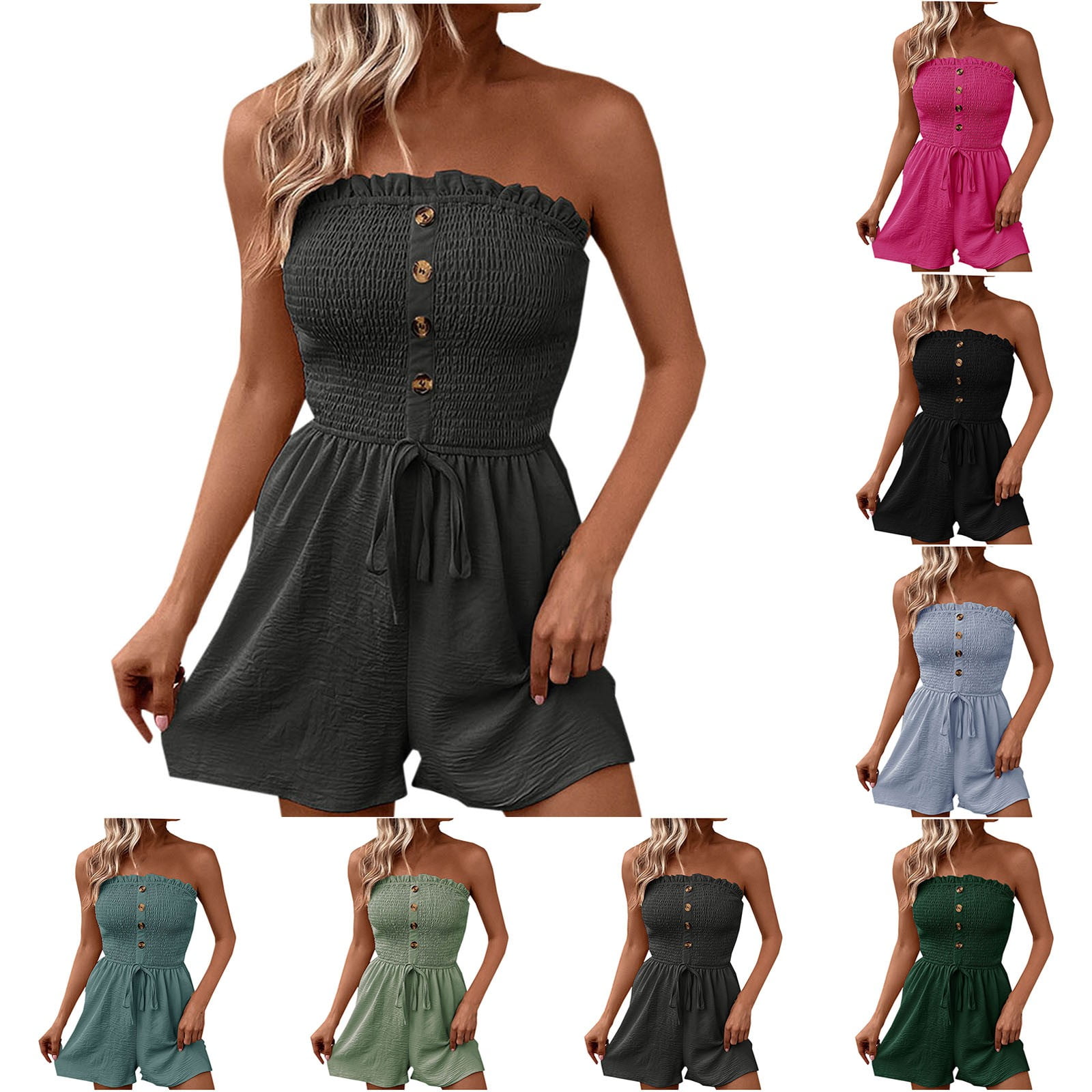DDAPJ pyju Summer Rompers for Women 2025 Trendy Strapless Smocked Tube ...