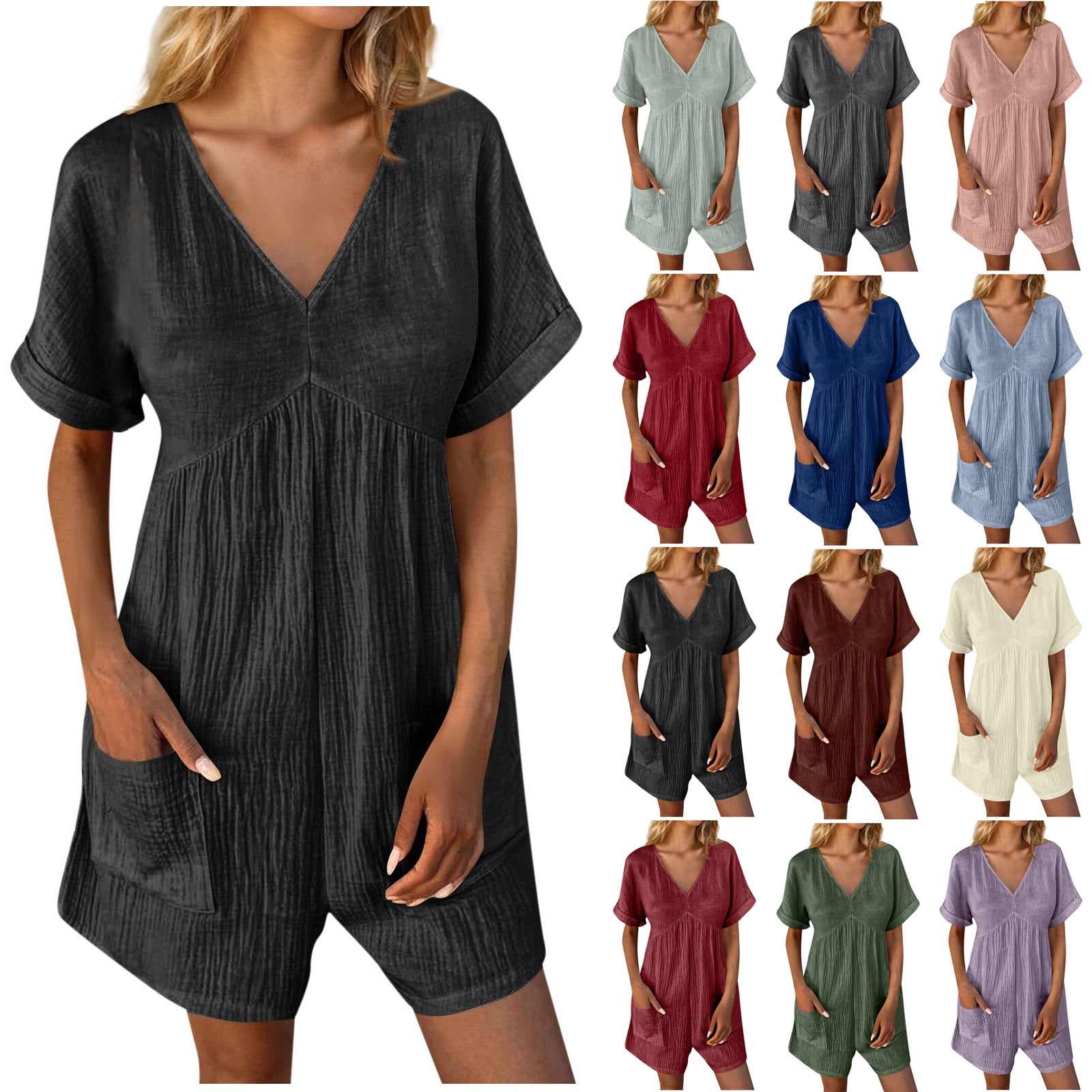 DDAPJ pyju Summer Rompers for Women Cotton Linen Short Sleeve V Neck ...